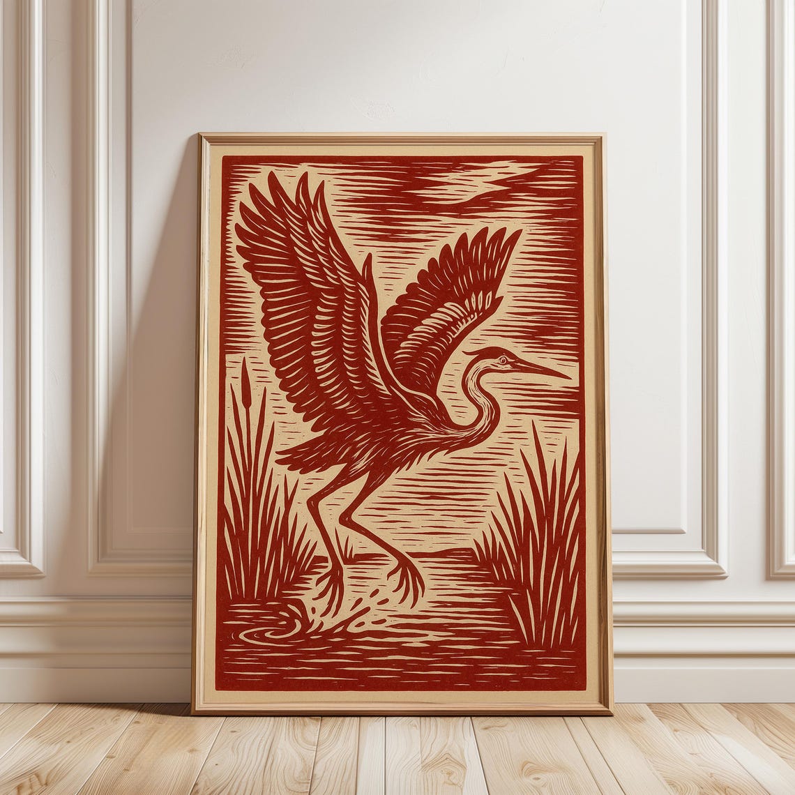 Miluva Rustic Crane Wall Art, Red Linocut Bird Poster, Vintage Wildlife ...