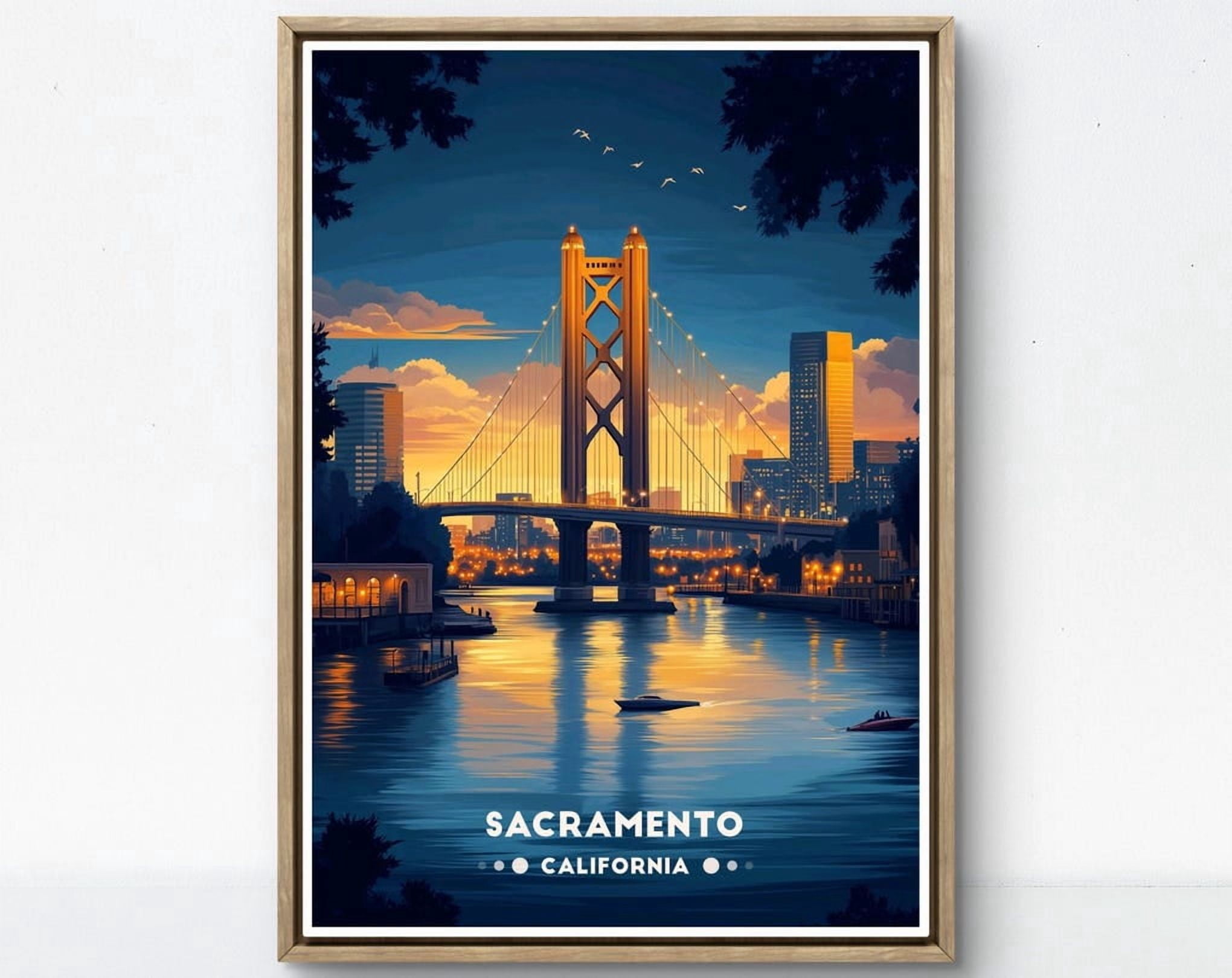 Miluva Sacramento Poster, Tower Bridge Night, California Skyline Print ...