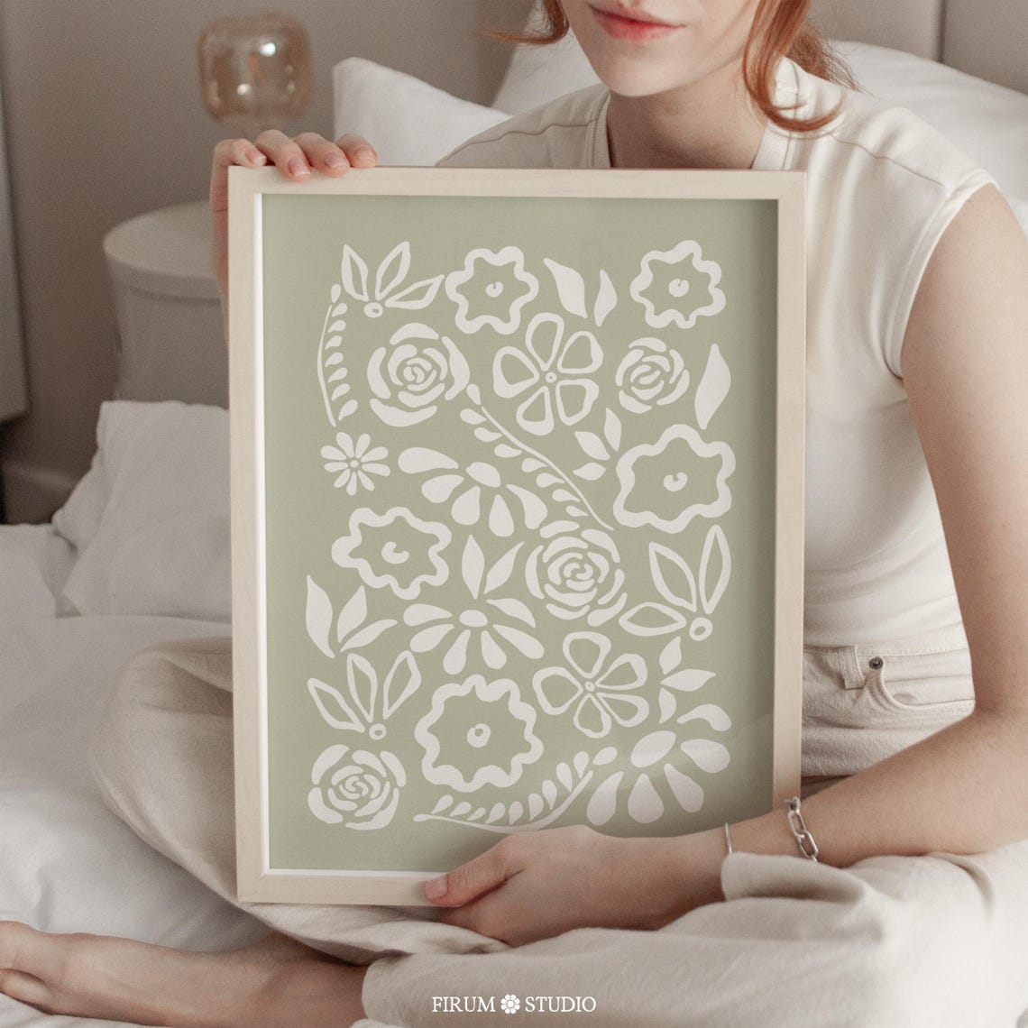 Miluva Sage Green Abstract Floralable Art, Naive Lines Botanical Wall ...