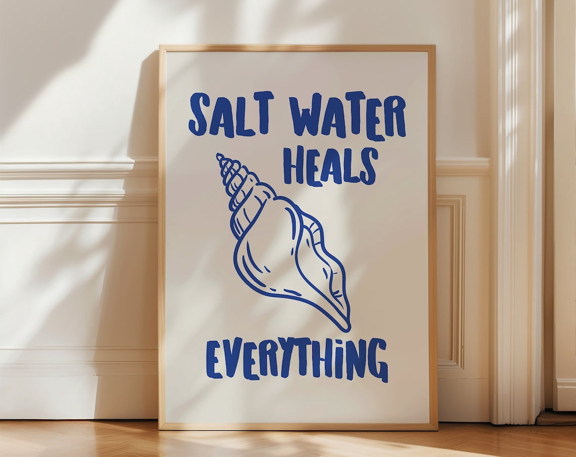 Miluva Salt Water Heals Everything Print, Blue Seashell Art Print, Blue ...