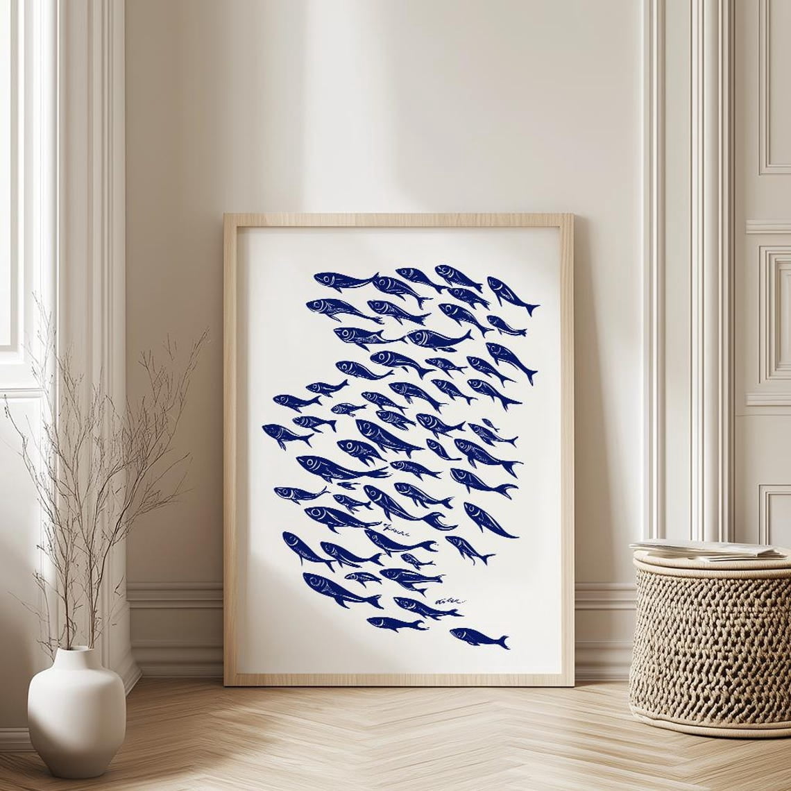Miluva Sardines Linocut Poster, Mini Sardines Wall Art, Blue Fish Print ...