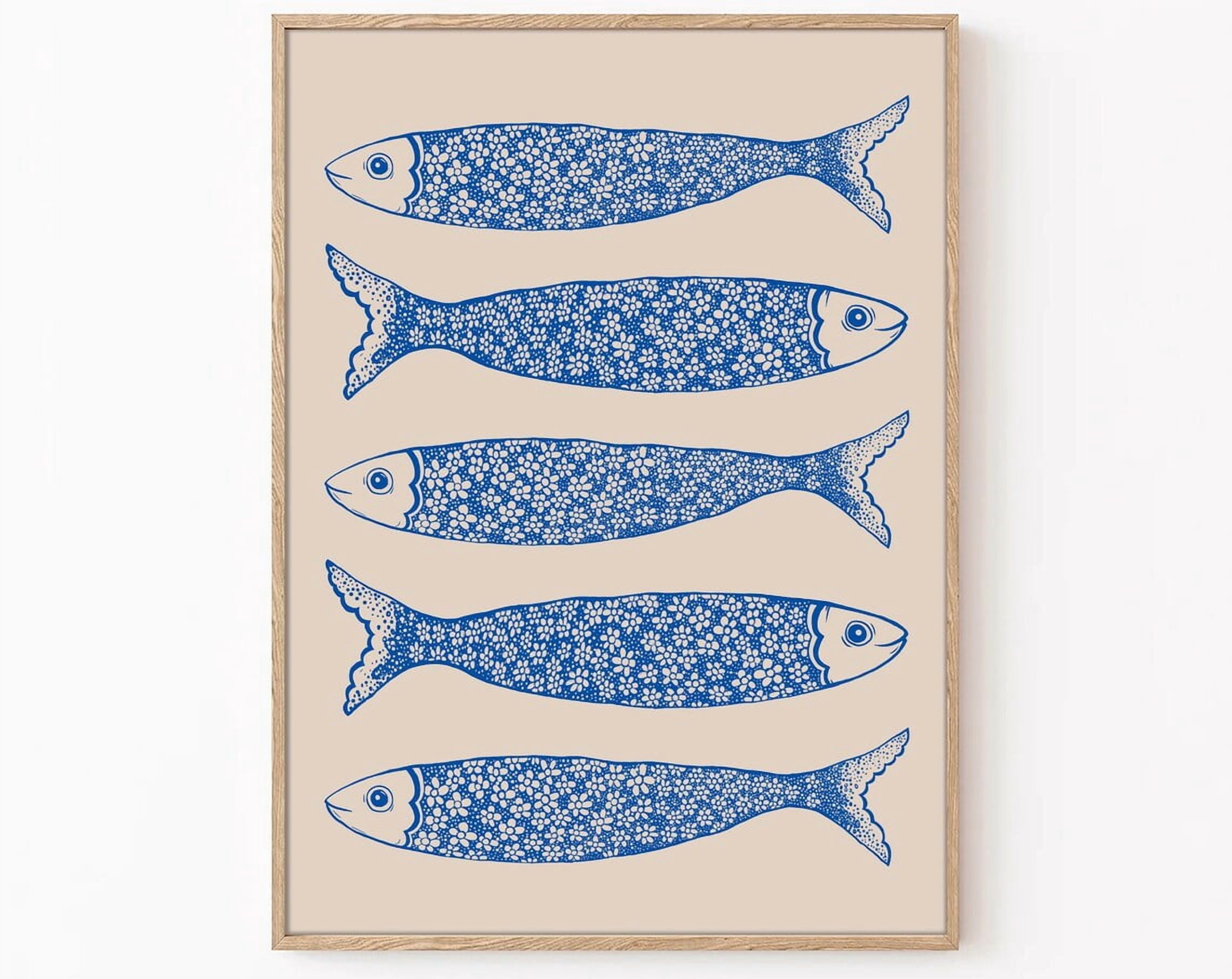 Miluva Sardines Wall Art, Fish Wall Art, Blue Sardines Print, Retro ...