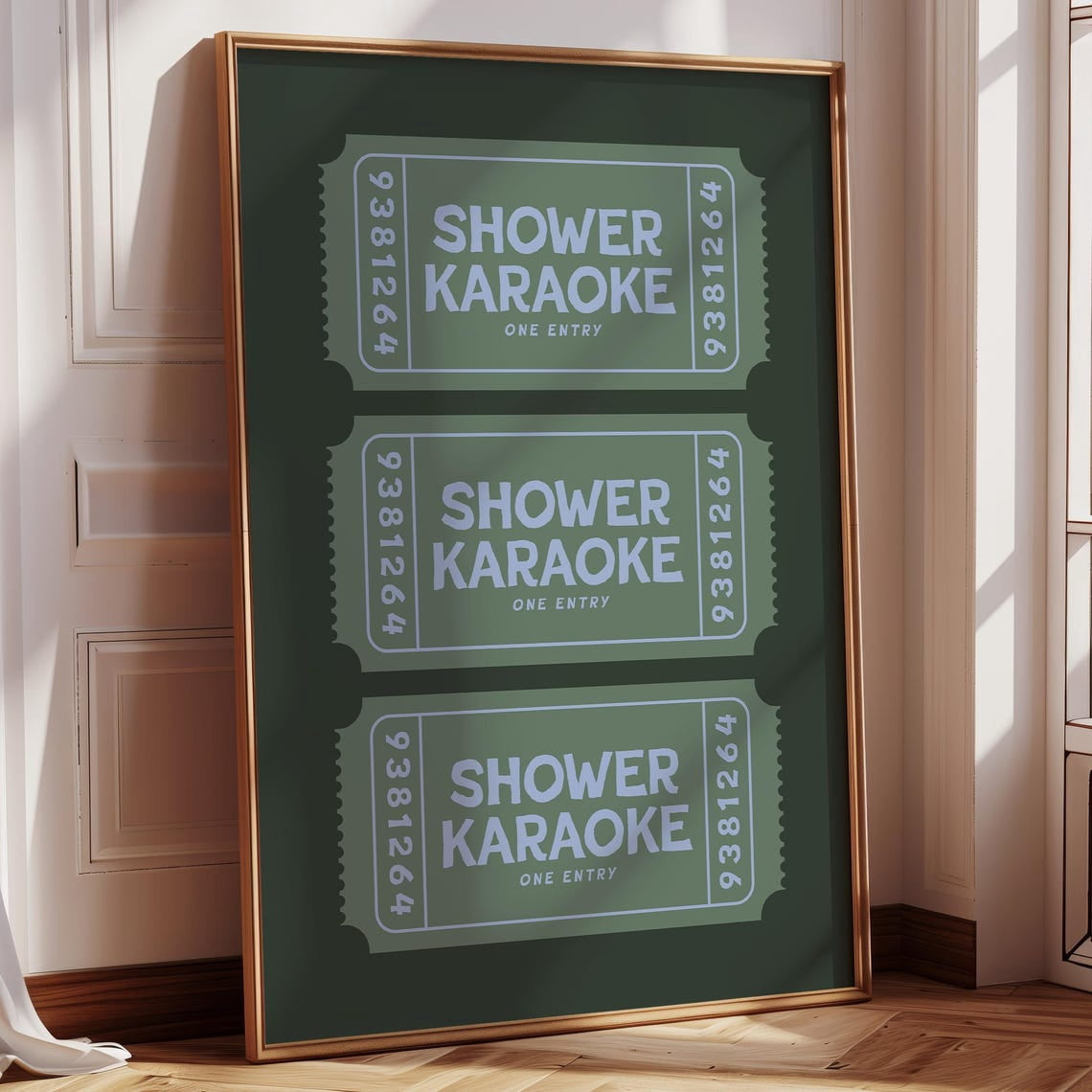 Miluva Shower Karaoke Ticket Print, Trendy Wall Art Sage Green And Blue ...