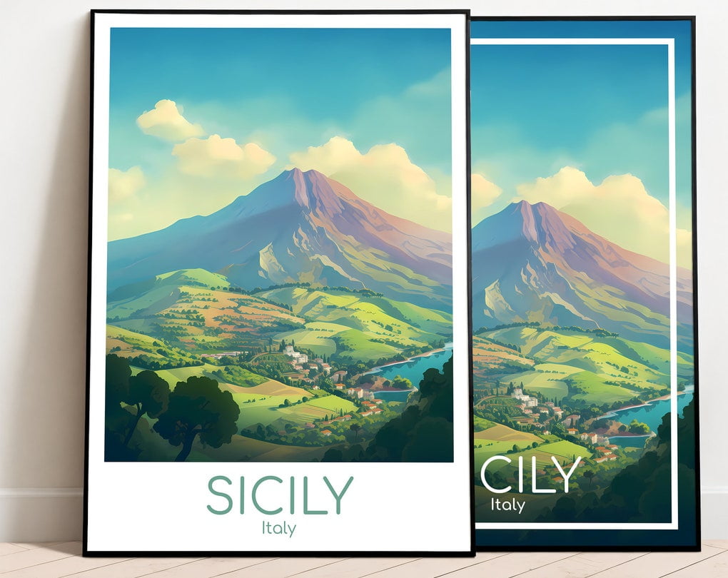 Miluva Sicily Travel Poster Etna Sicily Poster Etna Wall Art Italy Etna Vintage Poster Travel ...