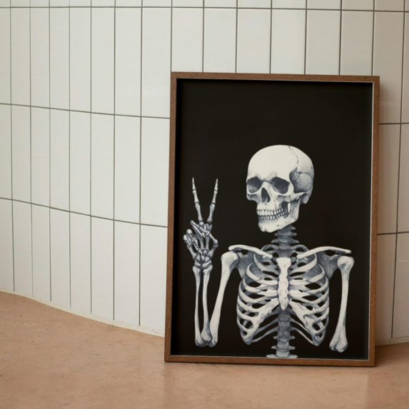 Miluva Skeleton peace sign print: spooky halloween decor – Poster ...
