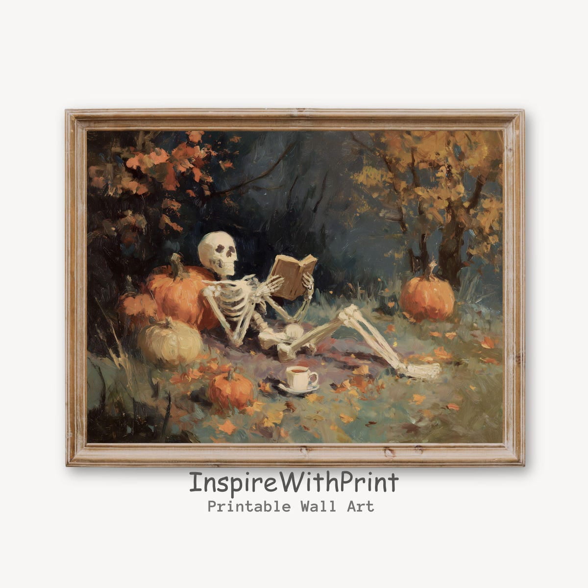 Miluva Skeleton reading print – Trendy halloween cozy fall art ...