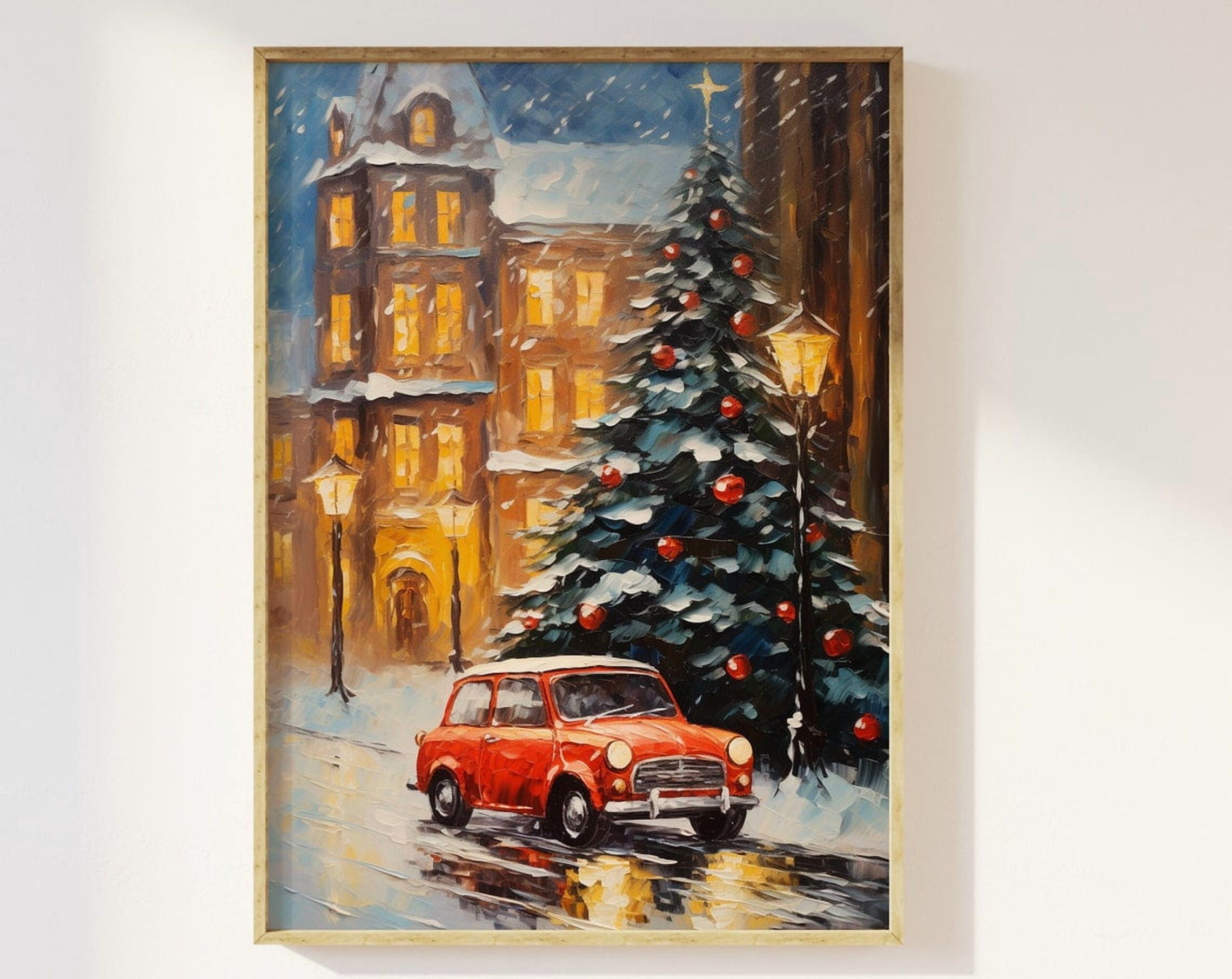 Miluva Snowy Tree And Red Car Art Print In The City, Classic Timeless ...