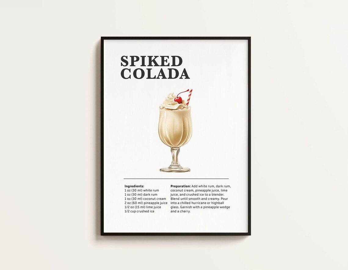 Miluva Spiked Colada Poster, Colada Recipe, Cocktail Print, Bar ...