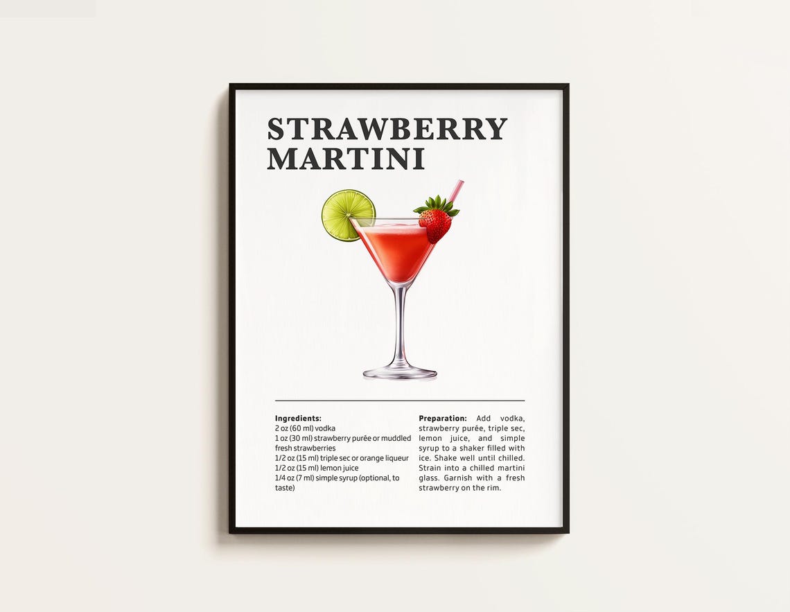Miluva Strawberry Martini Recipe Poster, Martini Cocktail Print, Bar ...