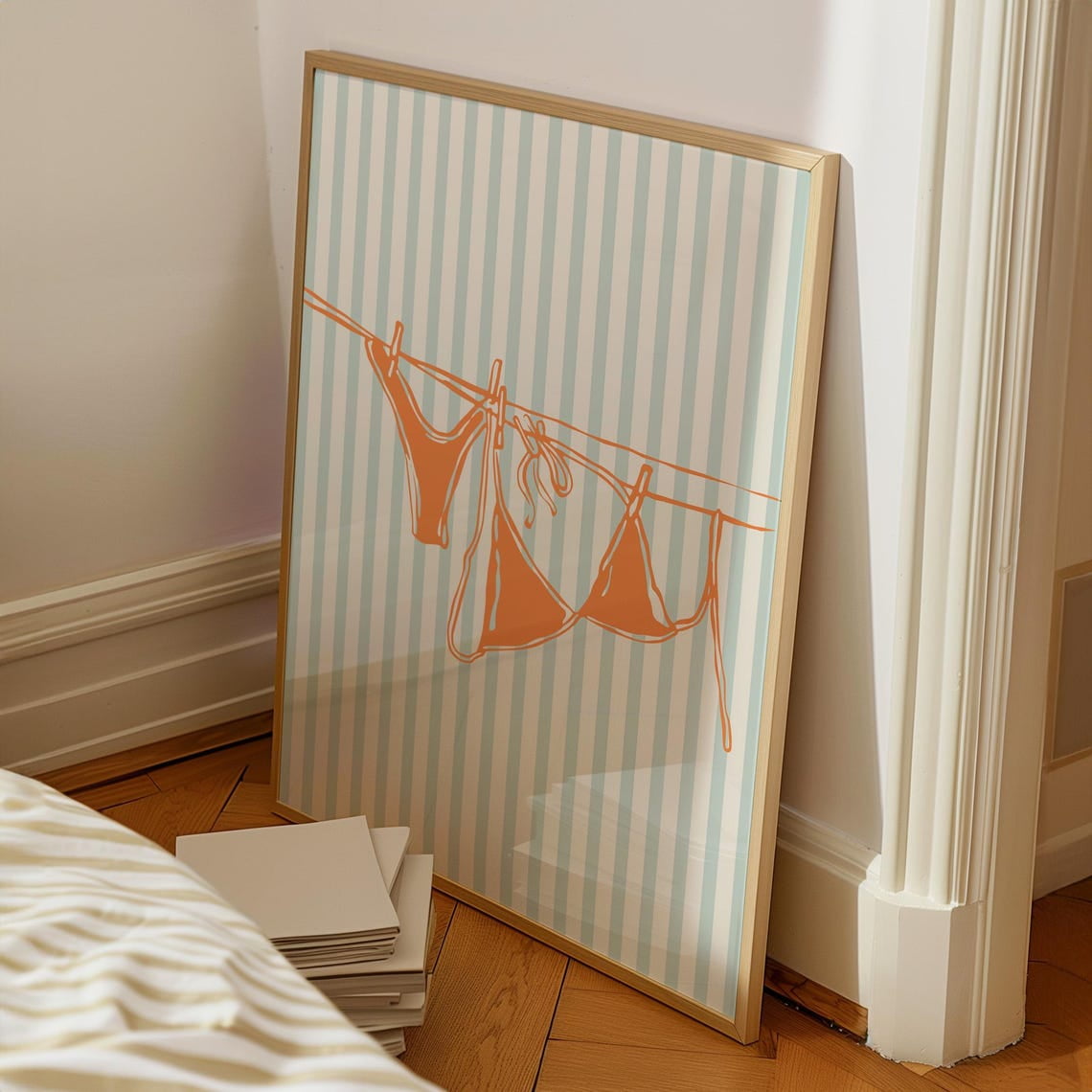 Miluva Summer , Orange Bikini On Clothesline, Beachy Wall Art, Coastal ...