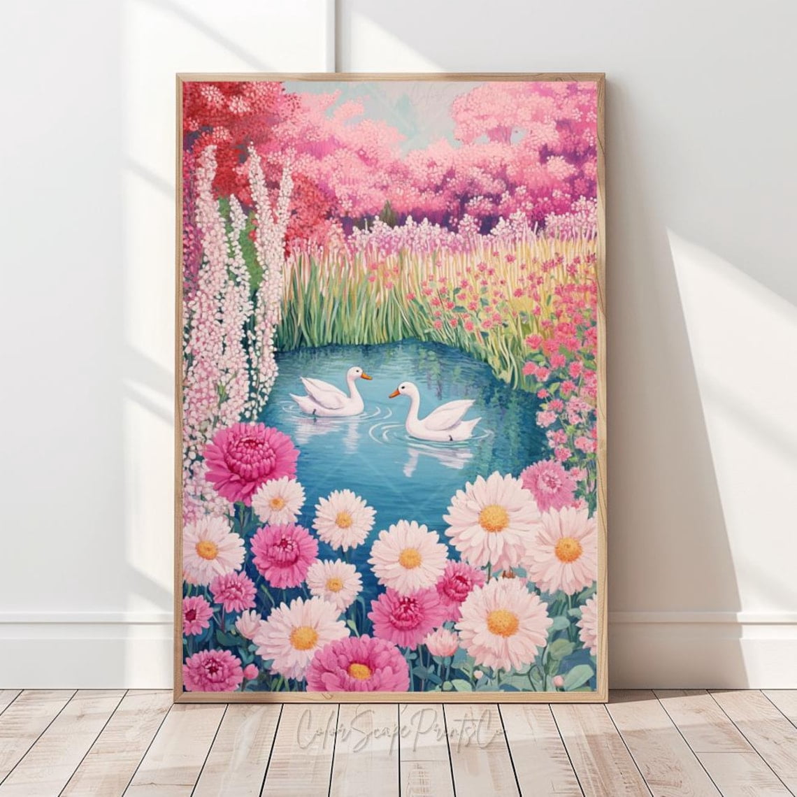 Miluva Swan Lake Art Print Pastel Flower Pond Wall Art Colorful Garden ...