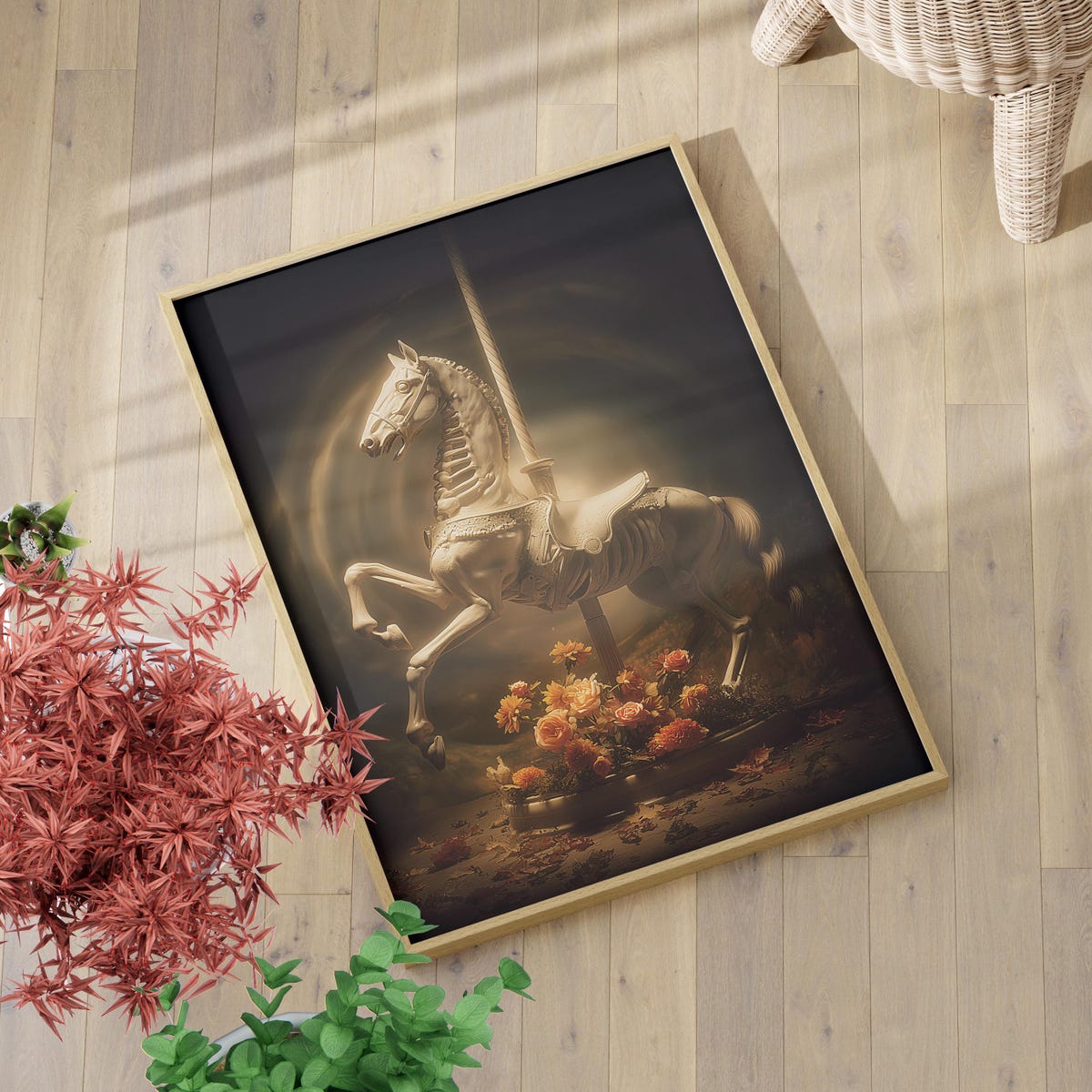 Miluva Swirling skeleton carousel horse wall art print or – Gothic ...