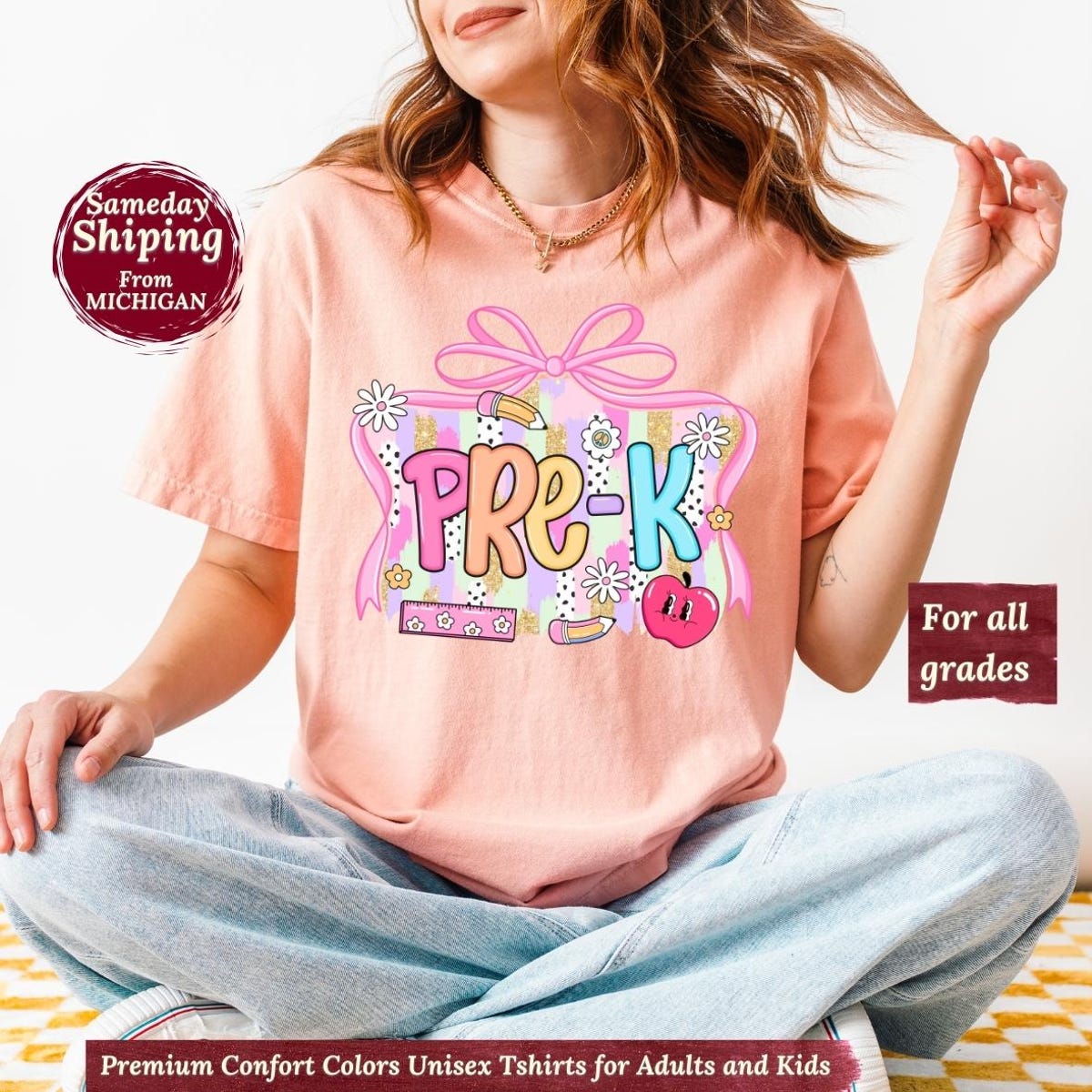 Miluva Teacher Grade Crew Bow Shirt Back To School Girl T-Shirt Pastel ...