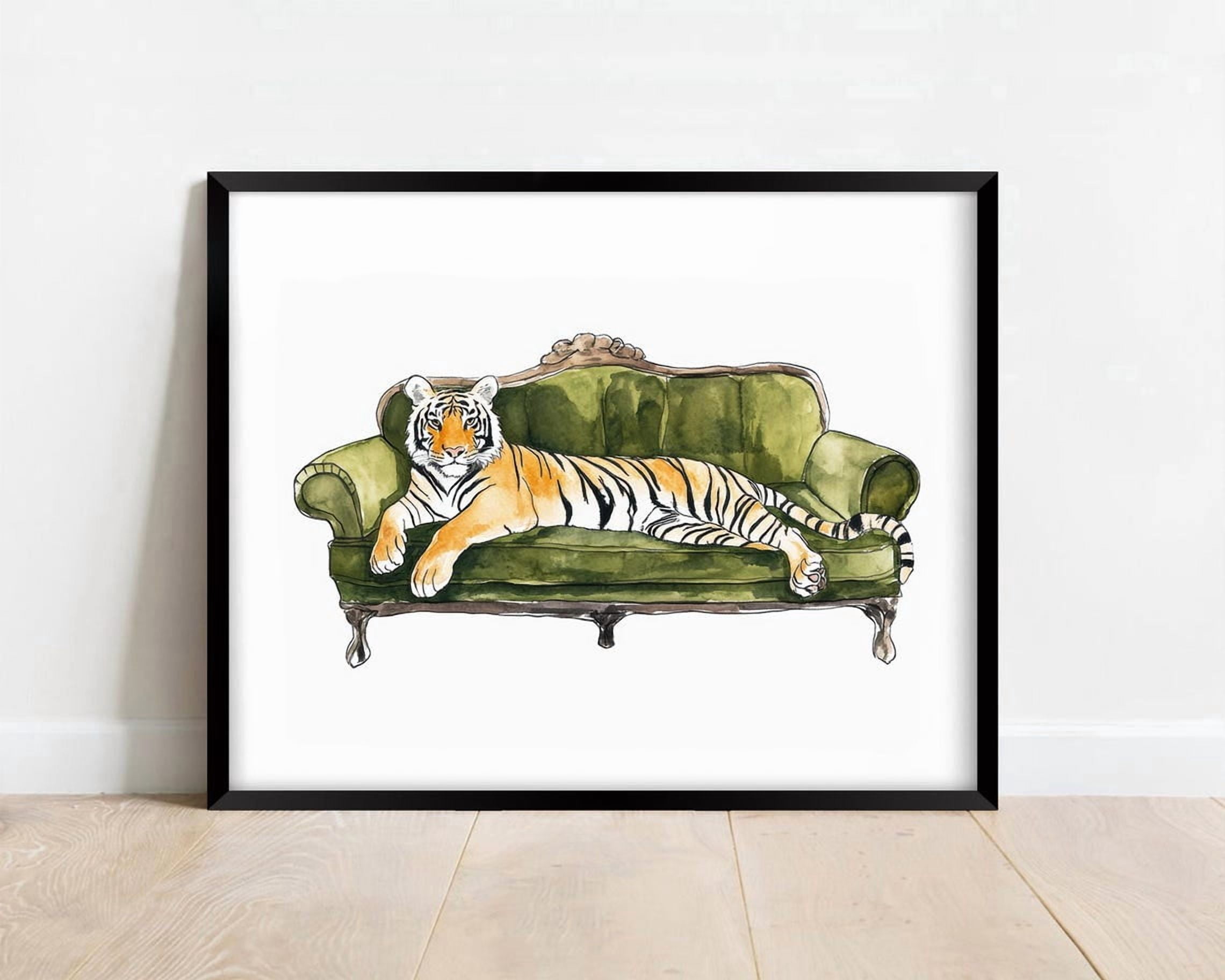 Miluva Tiger Art Print Tiger Wall Art Green Vintage Couch Tiger Poster ...