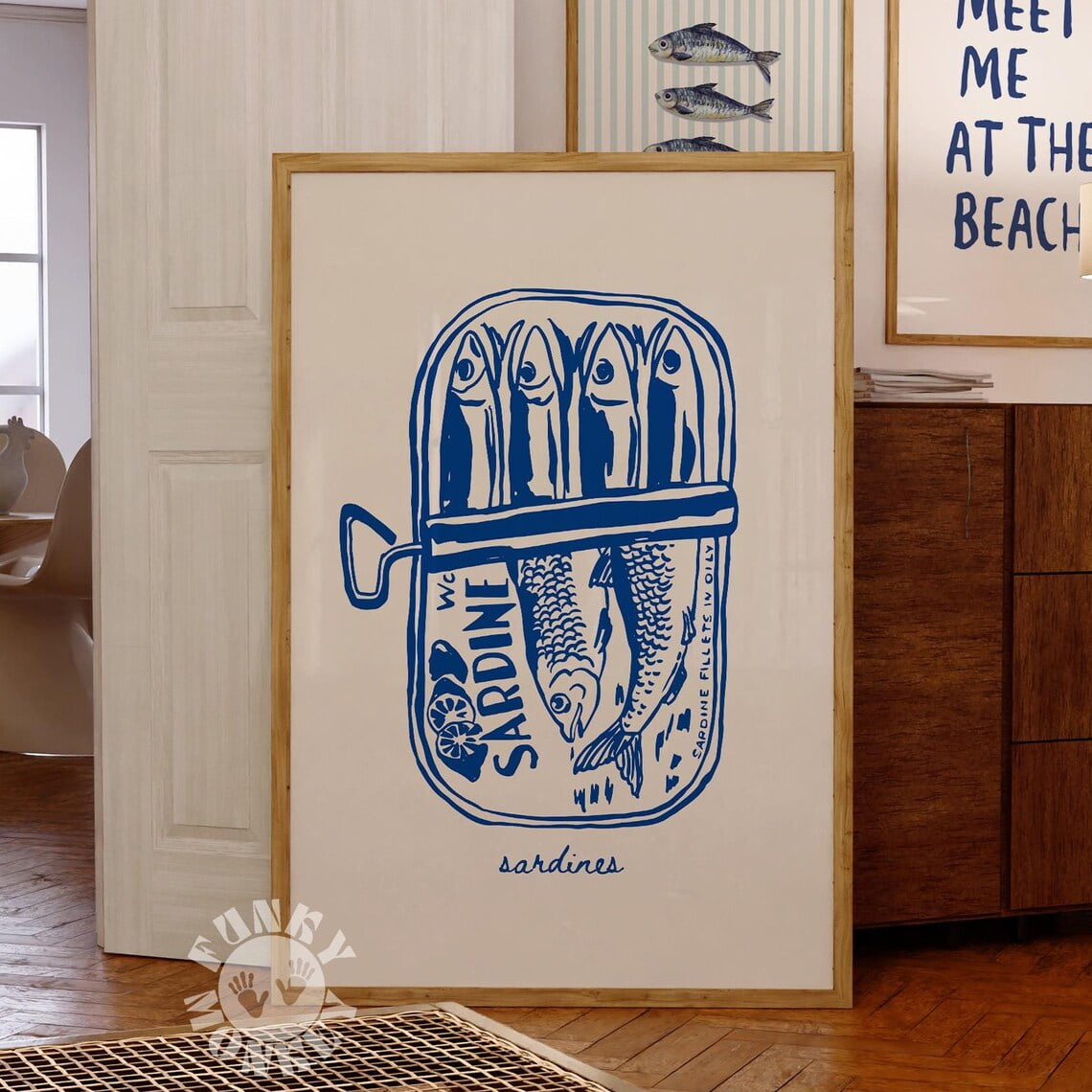 Miluva Tinned Sardines Digital Art Print, Navy Blue Retro Wall Art ...