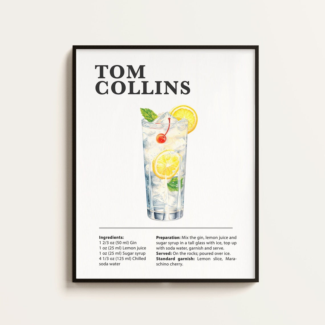 Miluva Tom Collins Poster, Tom Collins Recipe, Cocktail Print, Bar ...