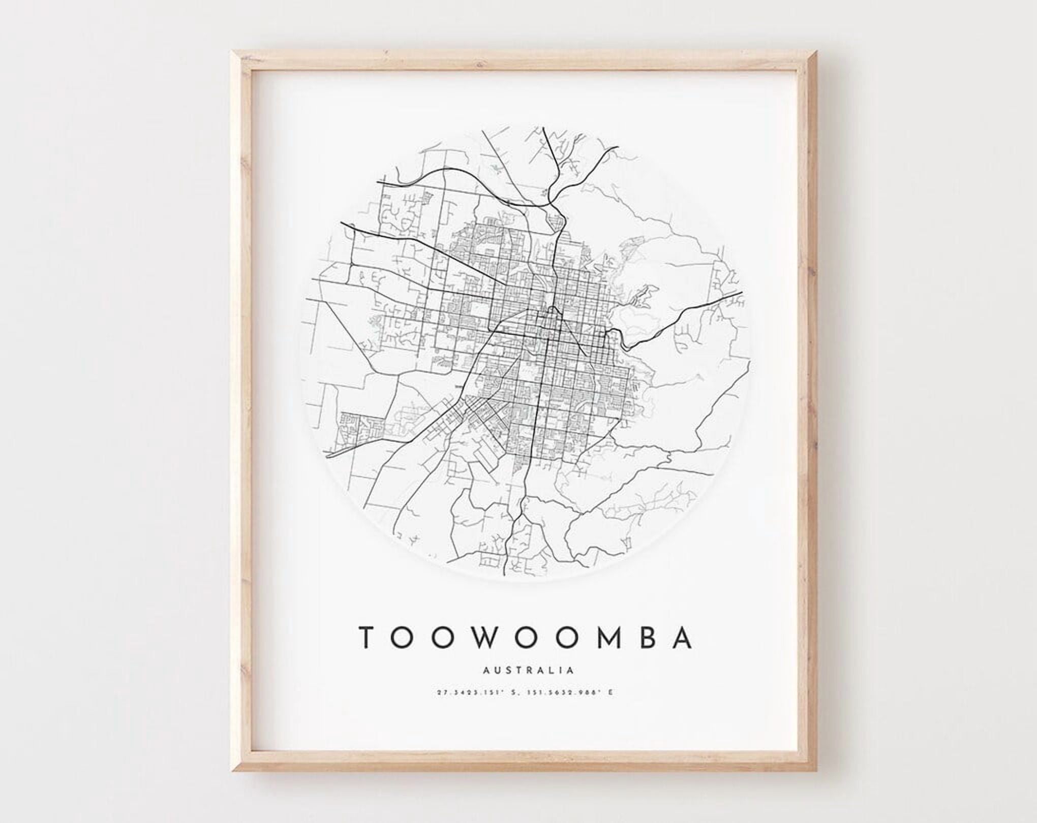 Miluva Toowoomba Map Print, Toowoomba Map Poster City Wall Art ...