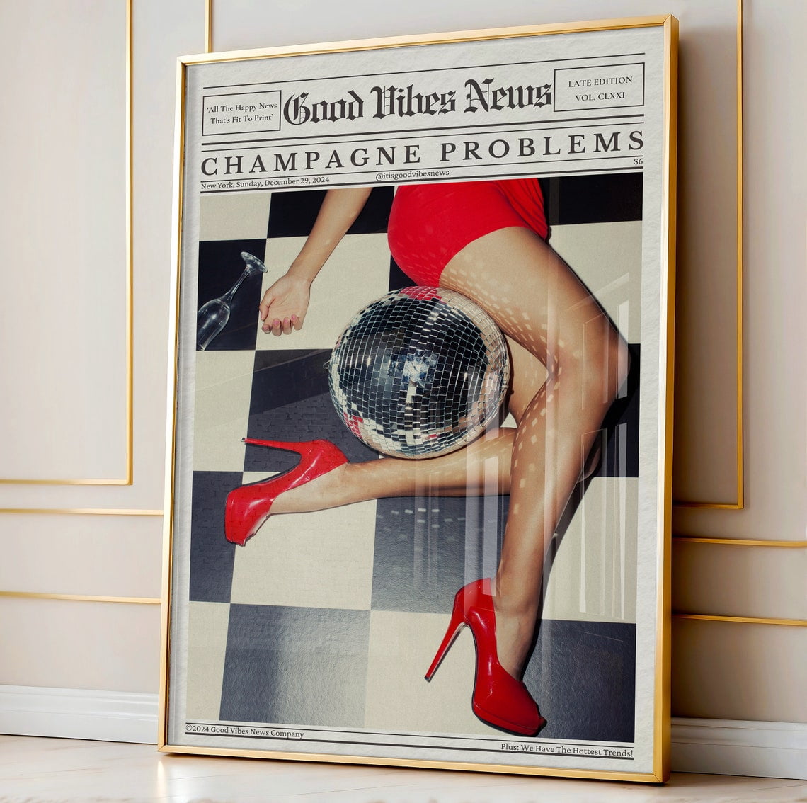 Miluva Trendy Newspaper Print, Champagne Problems Wall Art, Disco Ball ...