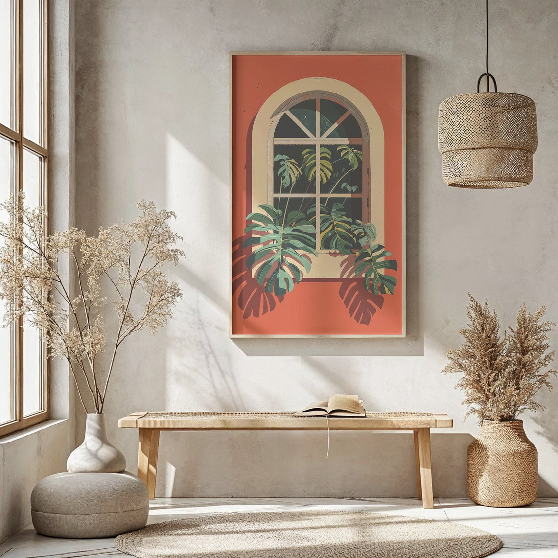 Miluva Tropical Window View Nursery Wall Art, Monstera Leaf Kids Room ...