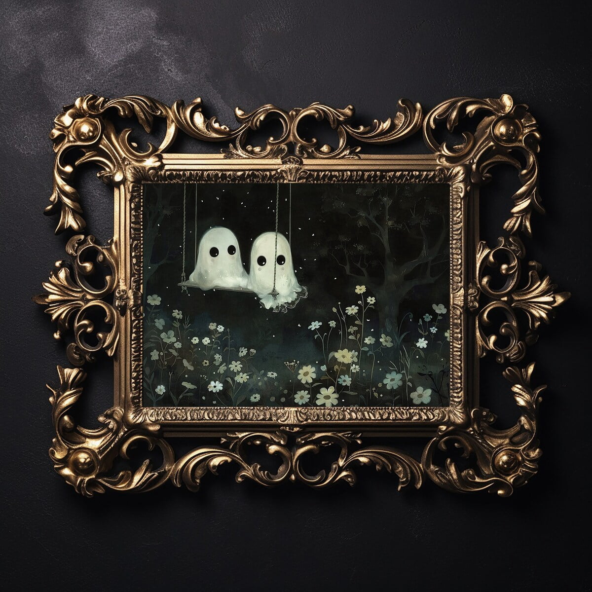 Miluva Two cute ghosts on a swing in flower woods print – Dark academia ...