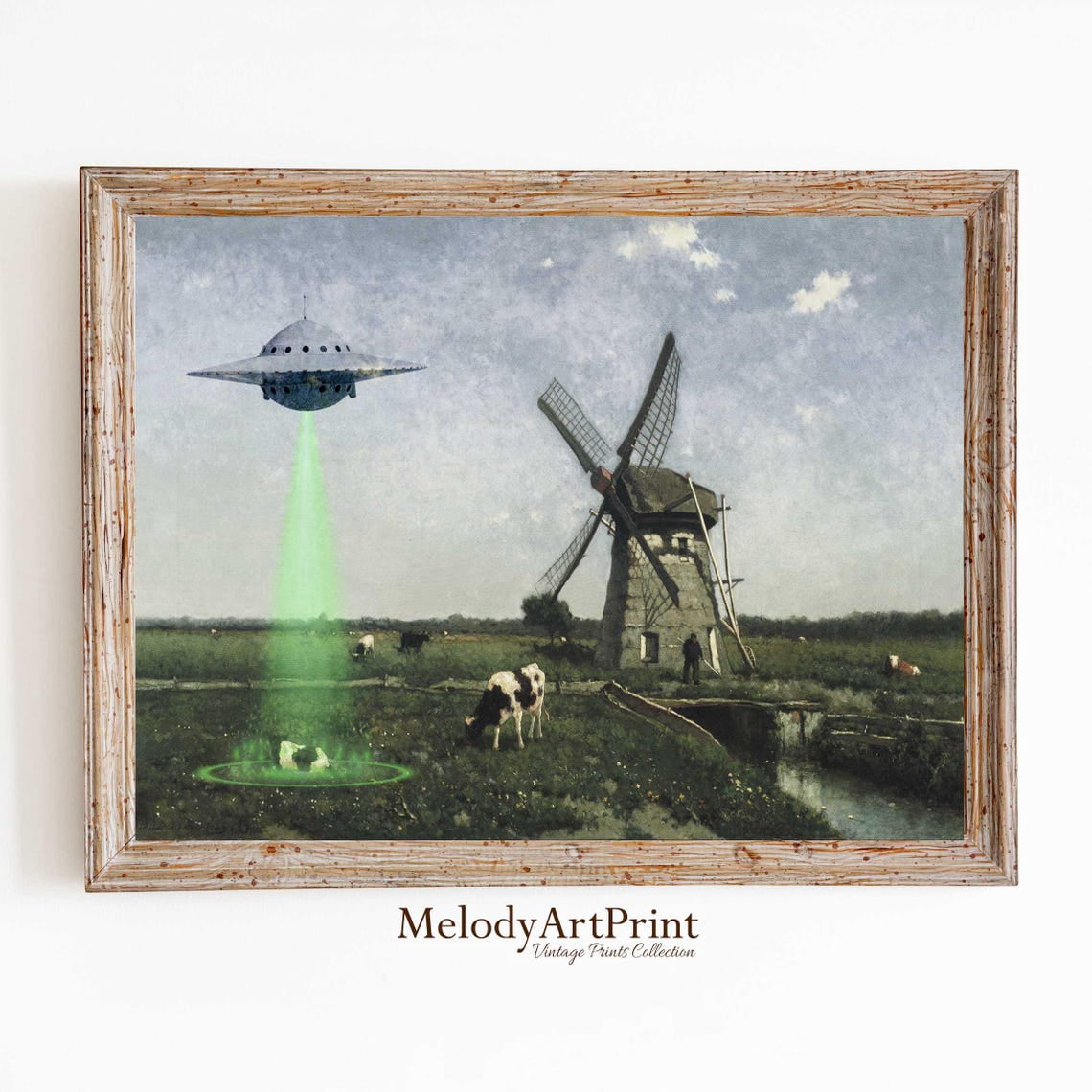 Miluva Ufo Cow Art Print, Altered Vintage Landscape Print, Spaceship ...