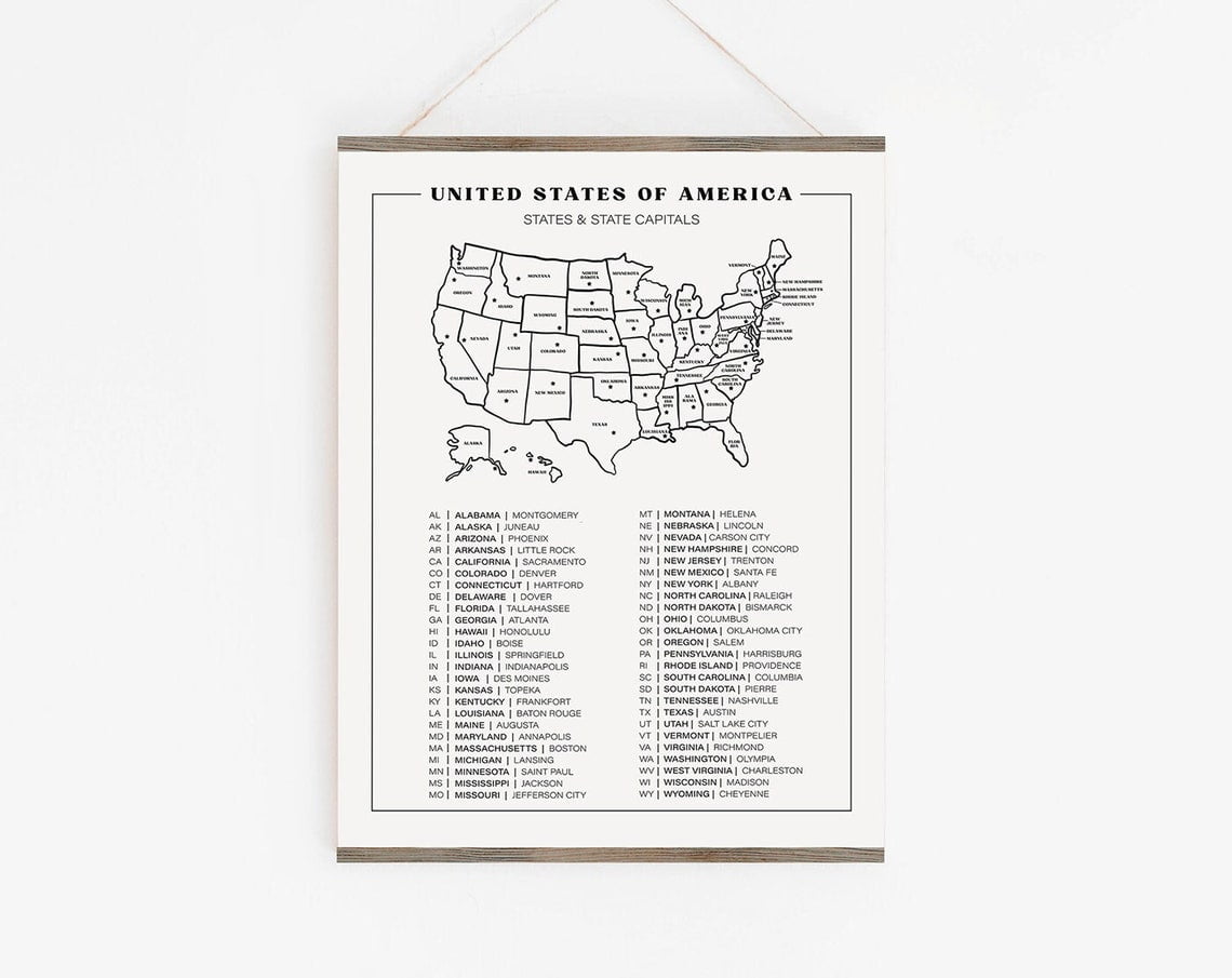 Miluva Usa Map And State Capitals Poster, United States Capitals Chart ...