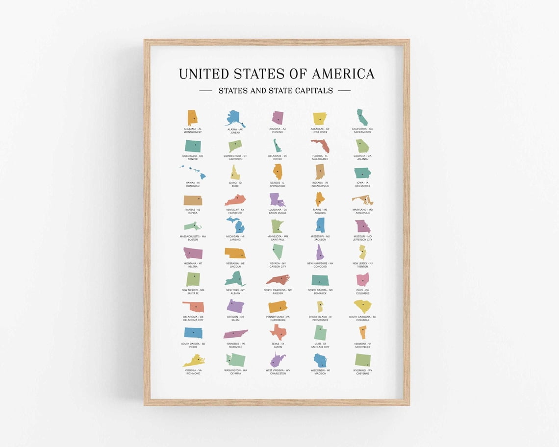 Miluva Usa State Capitals Poster, America State Capitals, Usa States ...