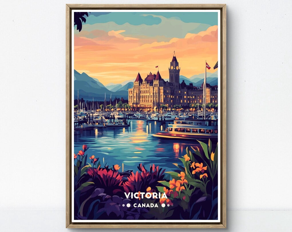 Miluva Victoria Canada Poster, Coastal City Wall Art, Sunset Harbor ...