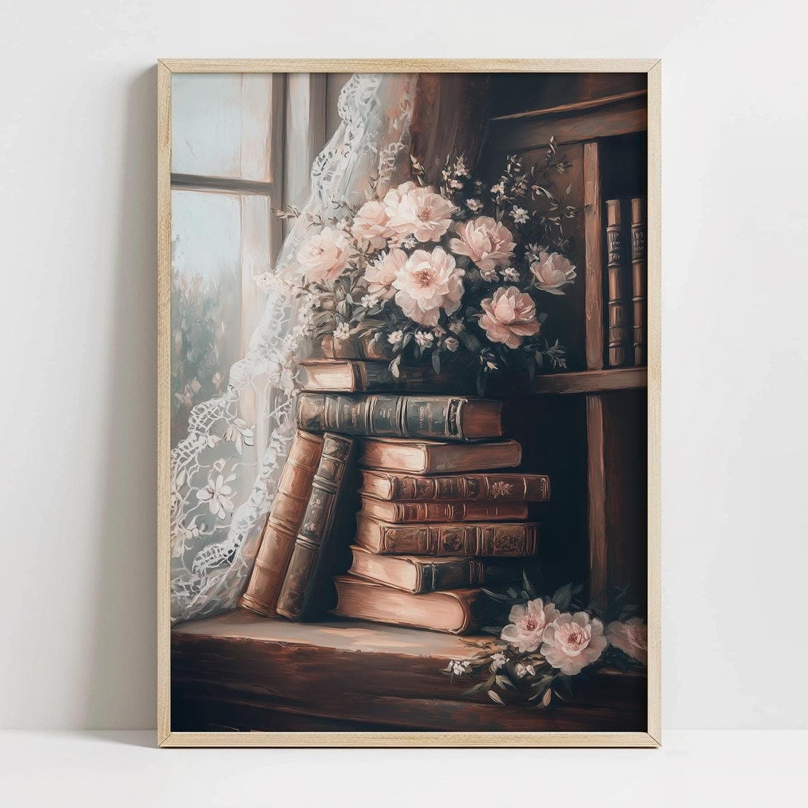Miluva Vintage Books Cottage Art Print, Printable Roses Wall Art ...