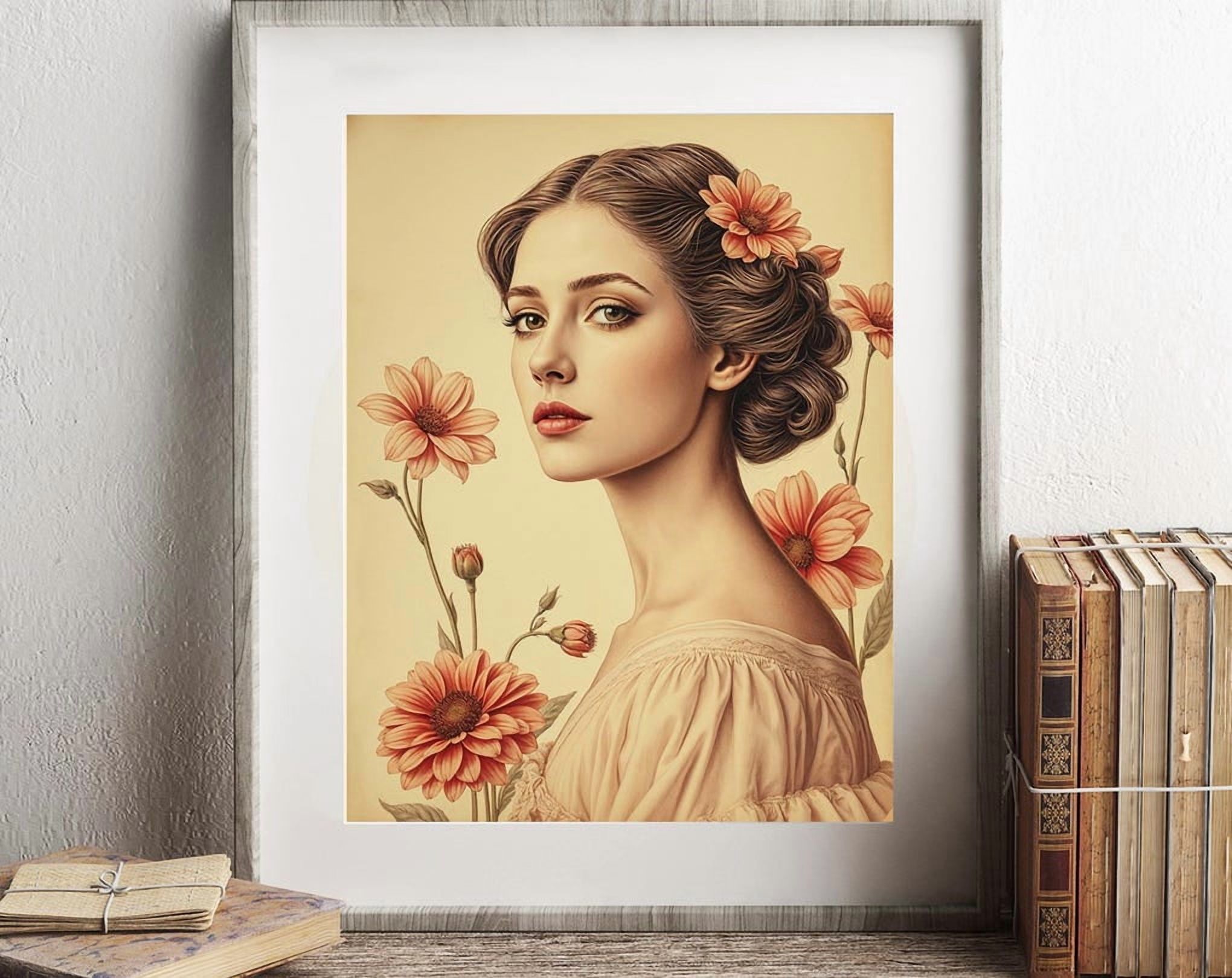 Miluva Vintage Floral Portrait Print - Elegant Feminine Wall Art ...