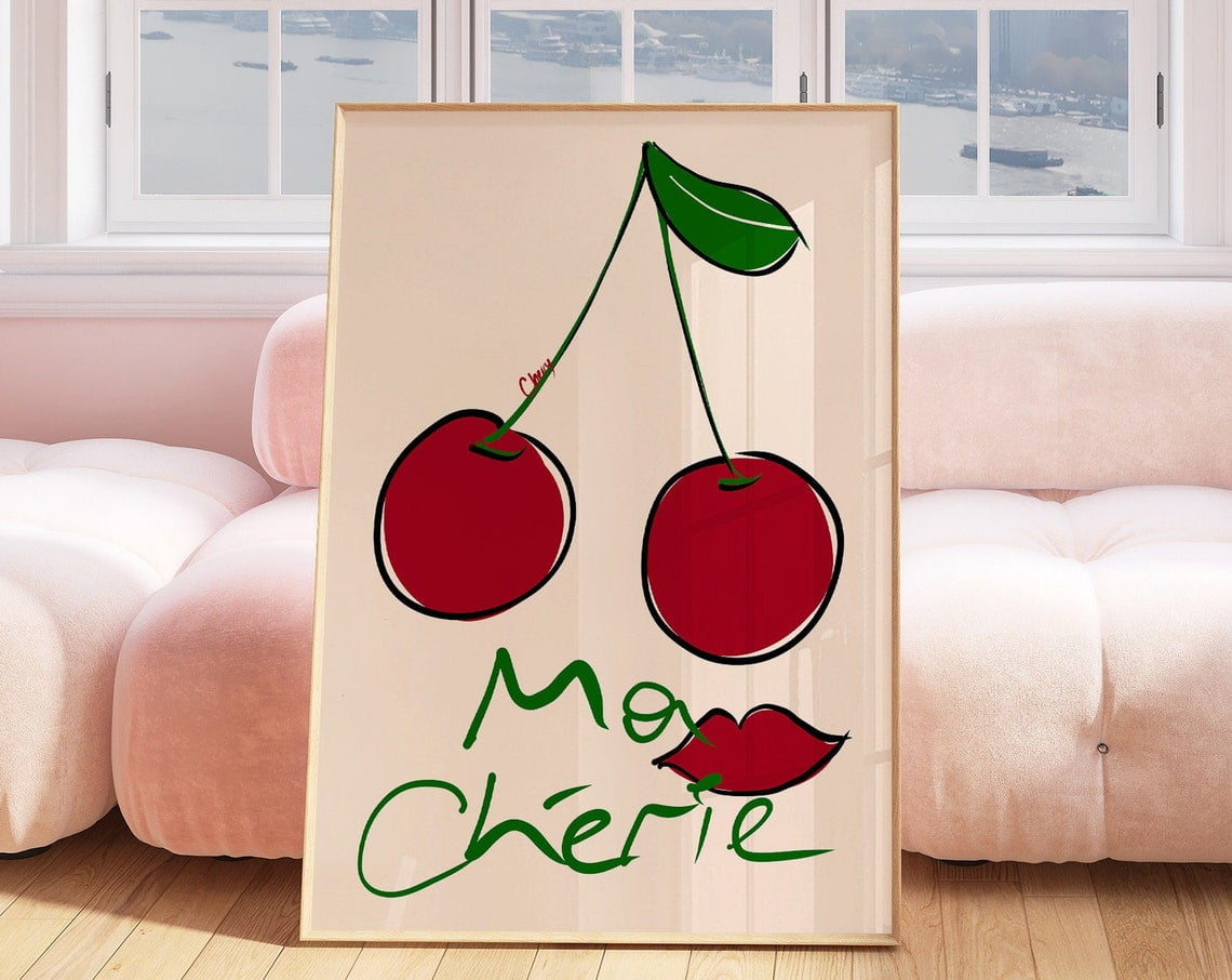Miluva Vintage Hand Drawn Cherry Poster, Ma Cherie Coquette Wall Art ...