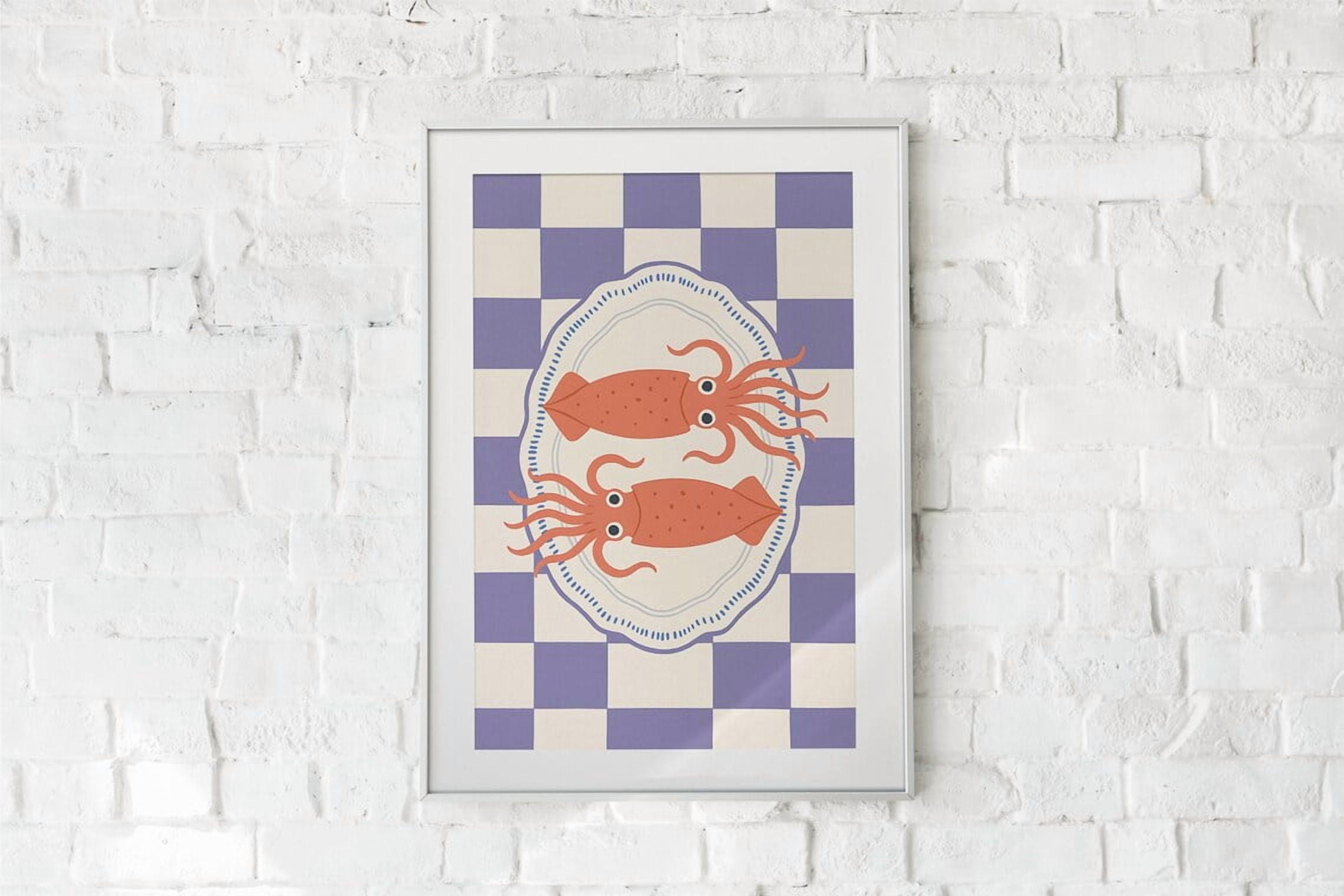 Miluva Vintage Squid Wall Art Printable Funky Purple Checkered Seafood ...