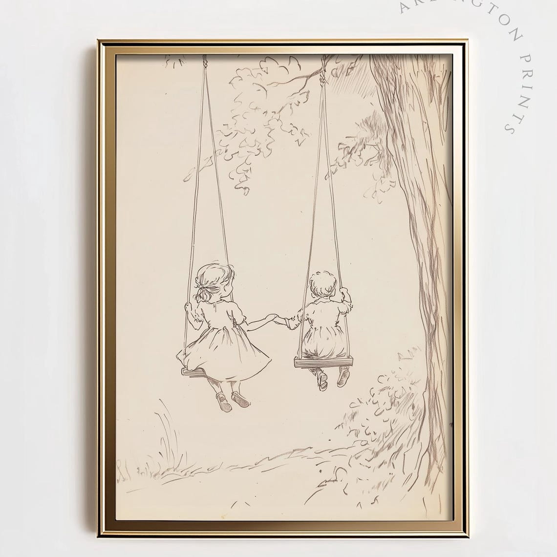 Miluva Vintage Style Kids Swinging Drawing, Printable Whimsical Beige ...