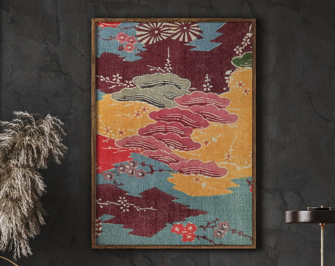 Miluva Vintage Textile Art Print, Plum And Chrysanthemum Pattern Wall ...