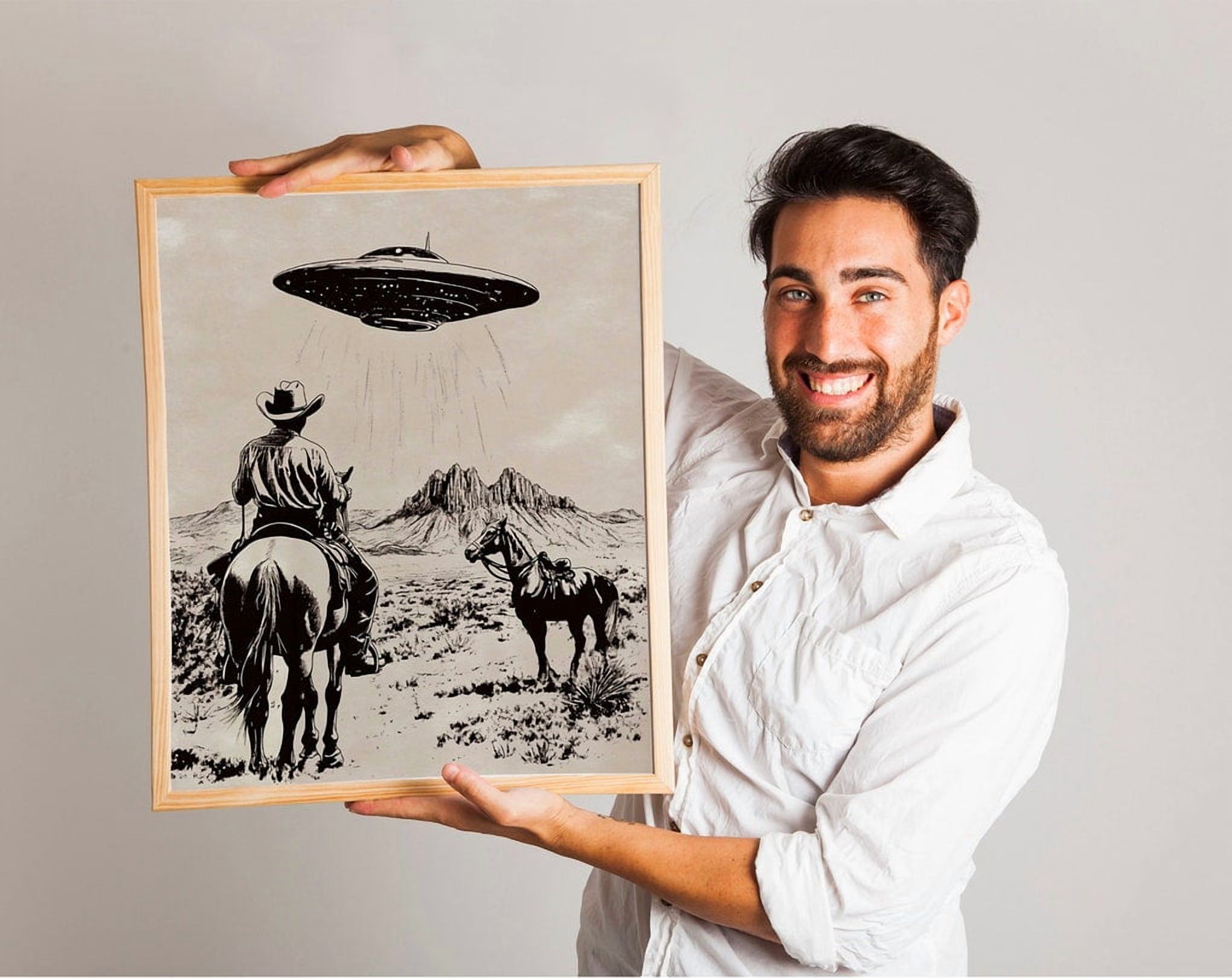 Miluva Vintage Western Ufo Print, Retro Cowboy Print With Quirky Rodeo ...