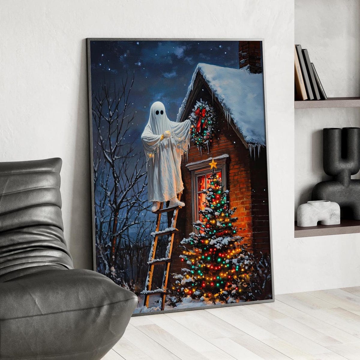 Miluva Vintage ghost on ladder hanging christmas lights in snowy winter ...