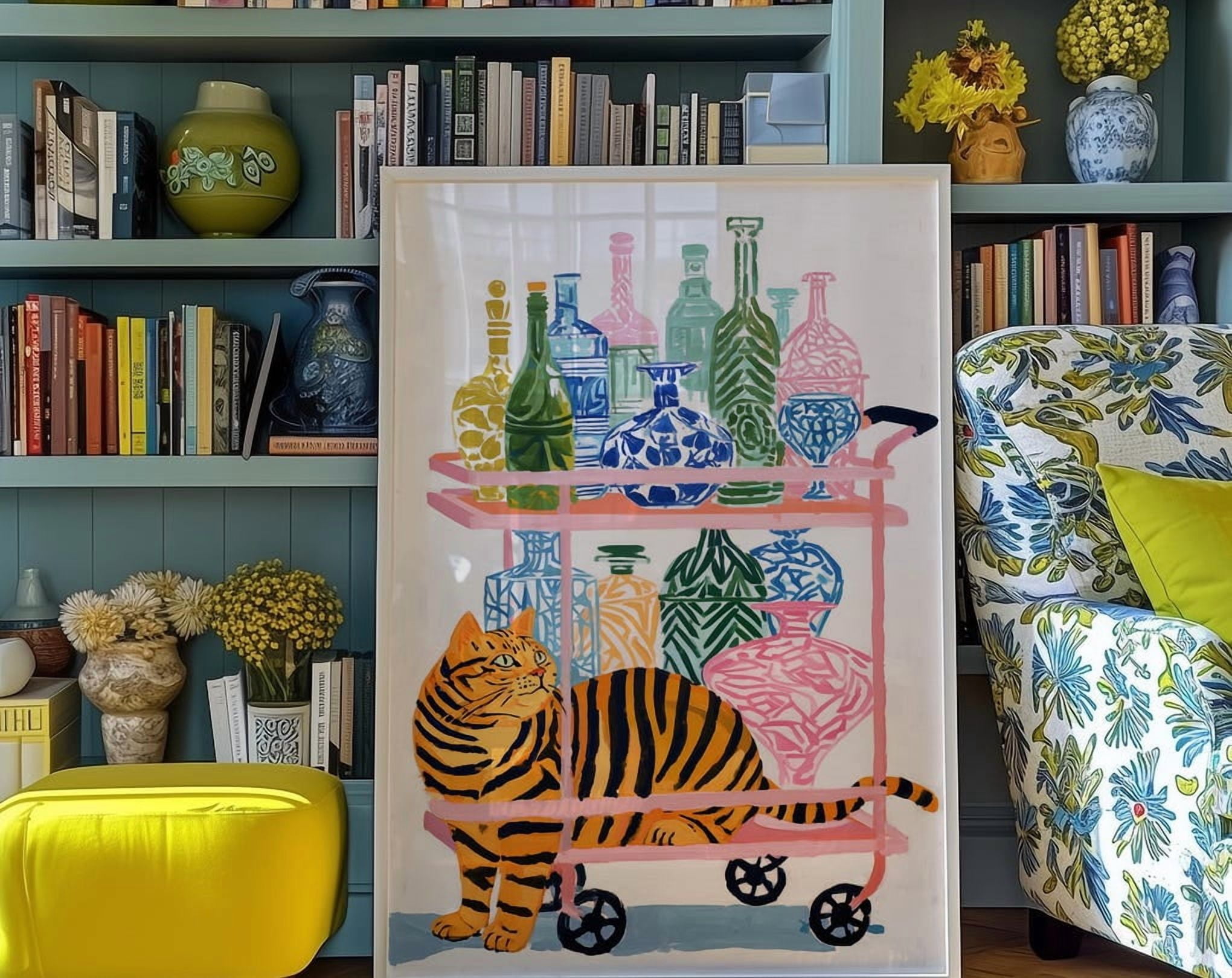 Miluva Wall Art, Tiger Cat Bar Cart Art, Colorful Bar Cart, Eclectic ...
