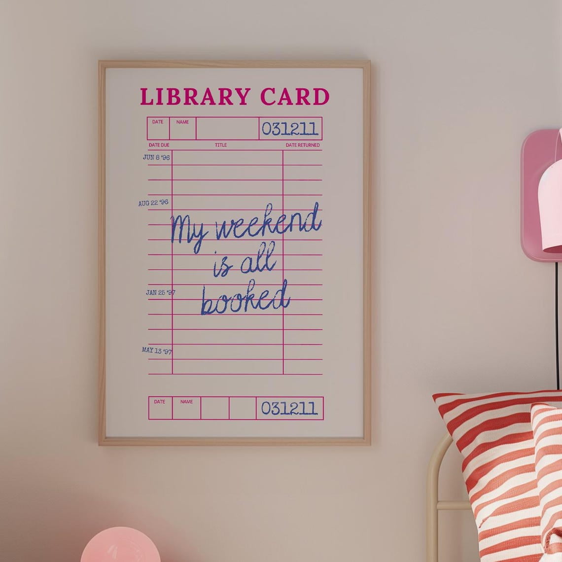Miluva My Weekend Is Fully Booked Print, Pink Library Card Poster, Book ...