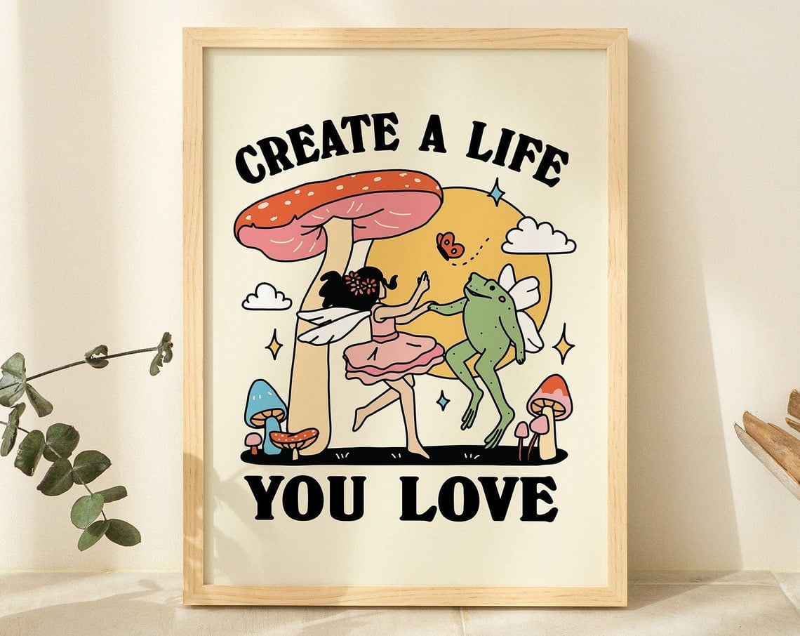 Miluva Whimsical Fairy Frog Print, Retro Mushroom Poster, Create A Life ...