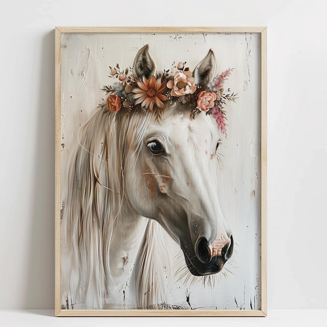 Miluva White Horse Floral Print, Printable Mare Nature Art, Flower ...
