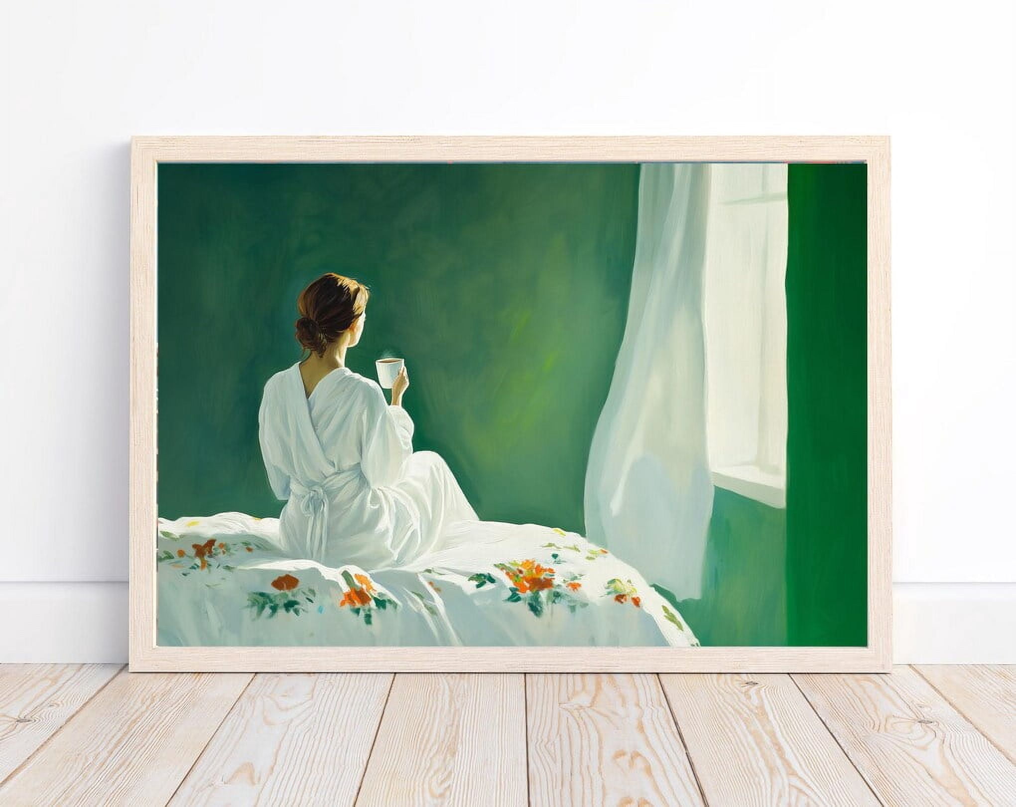 Miluva Woman With Morning Coffee Green Aesthetic Wall Art Print Decor ...