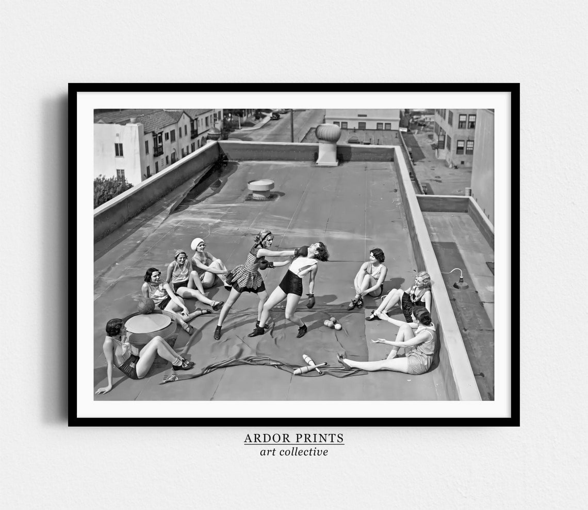 Miluva Women Boxing On Rooftop Wall Art, Girls Sparring On Roof Poster ...