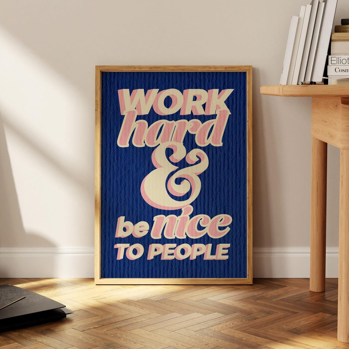 Miluva Work Hard & Be Nice To People Art Print, Navy Blue Office Decor ...