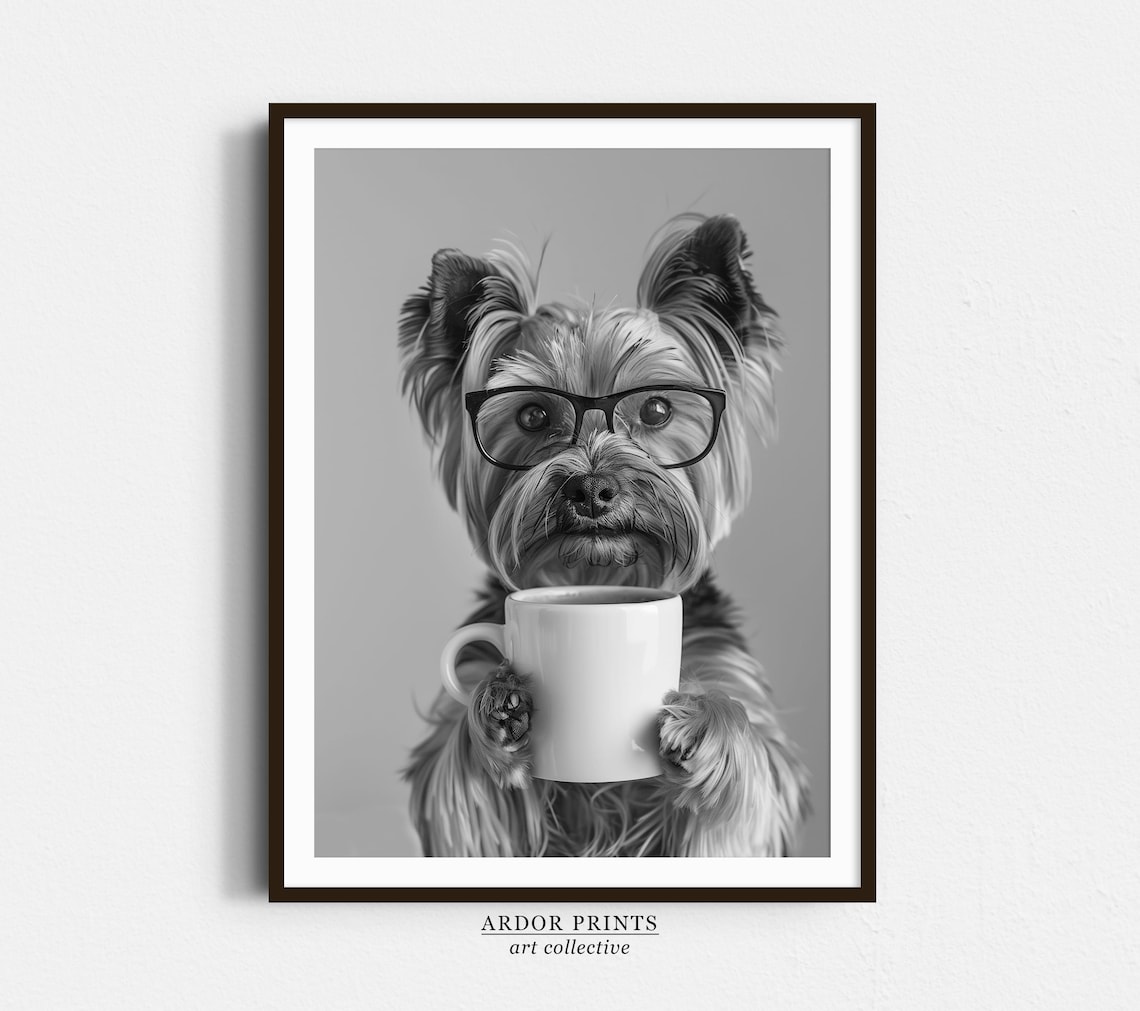 Miluva Yorkie And Coffee Wall Art, Black And White Print, Coffee Lover ...