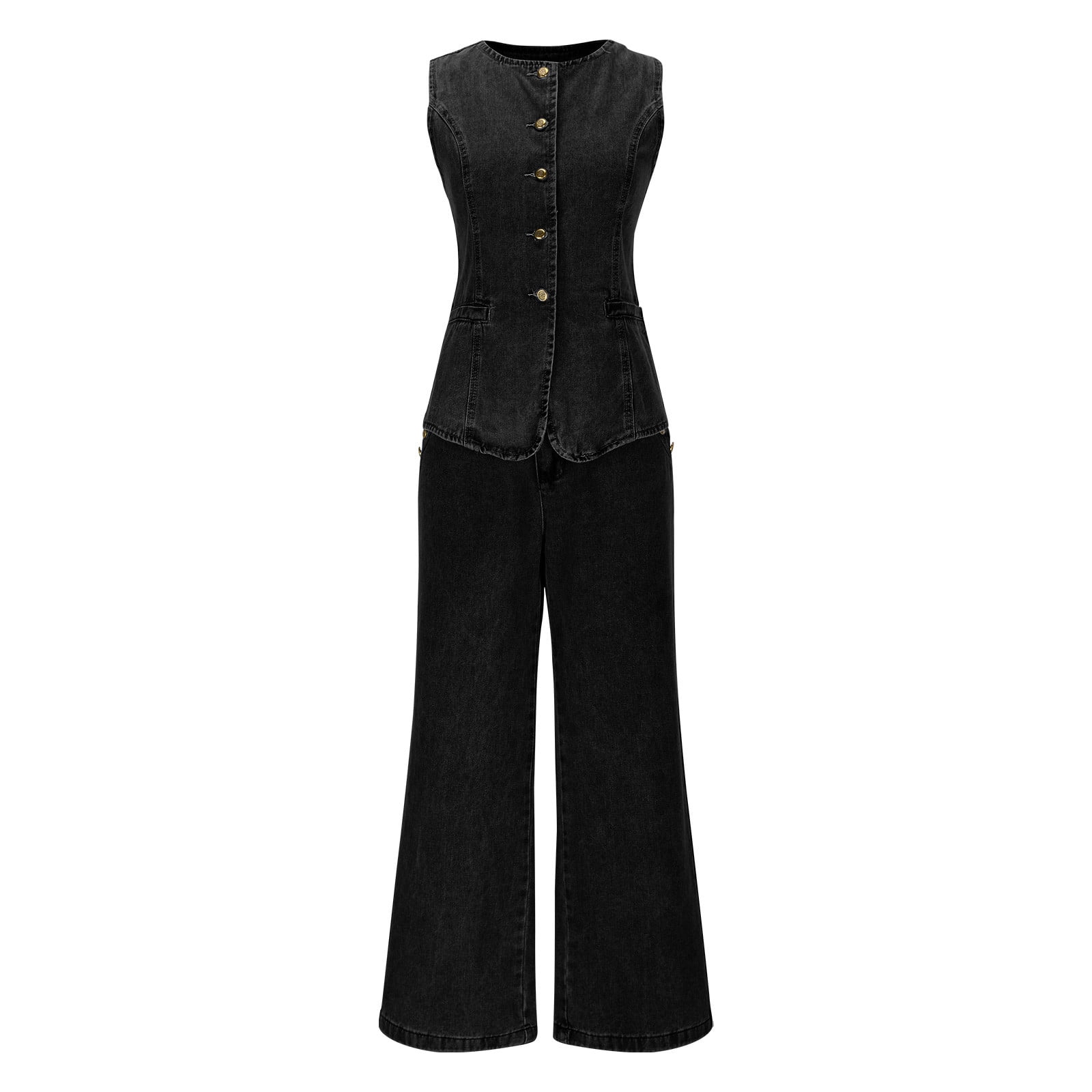 Miluxas 2 Piece Classic Denim Vest Sets for Women, Sleeveless Slim Fit Button Down Tops Outfits ...