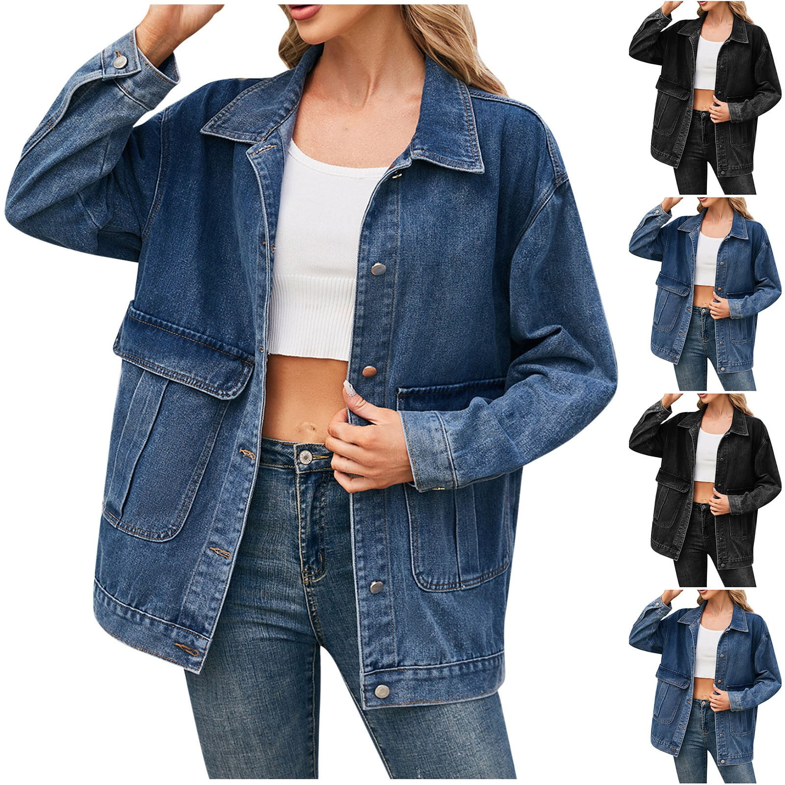 Miluxas Jean Jackets for Women Fashion Oversized Button Down Denim ...