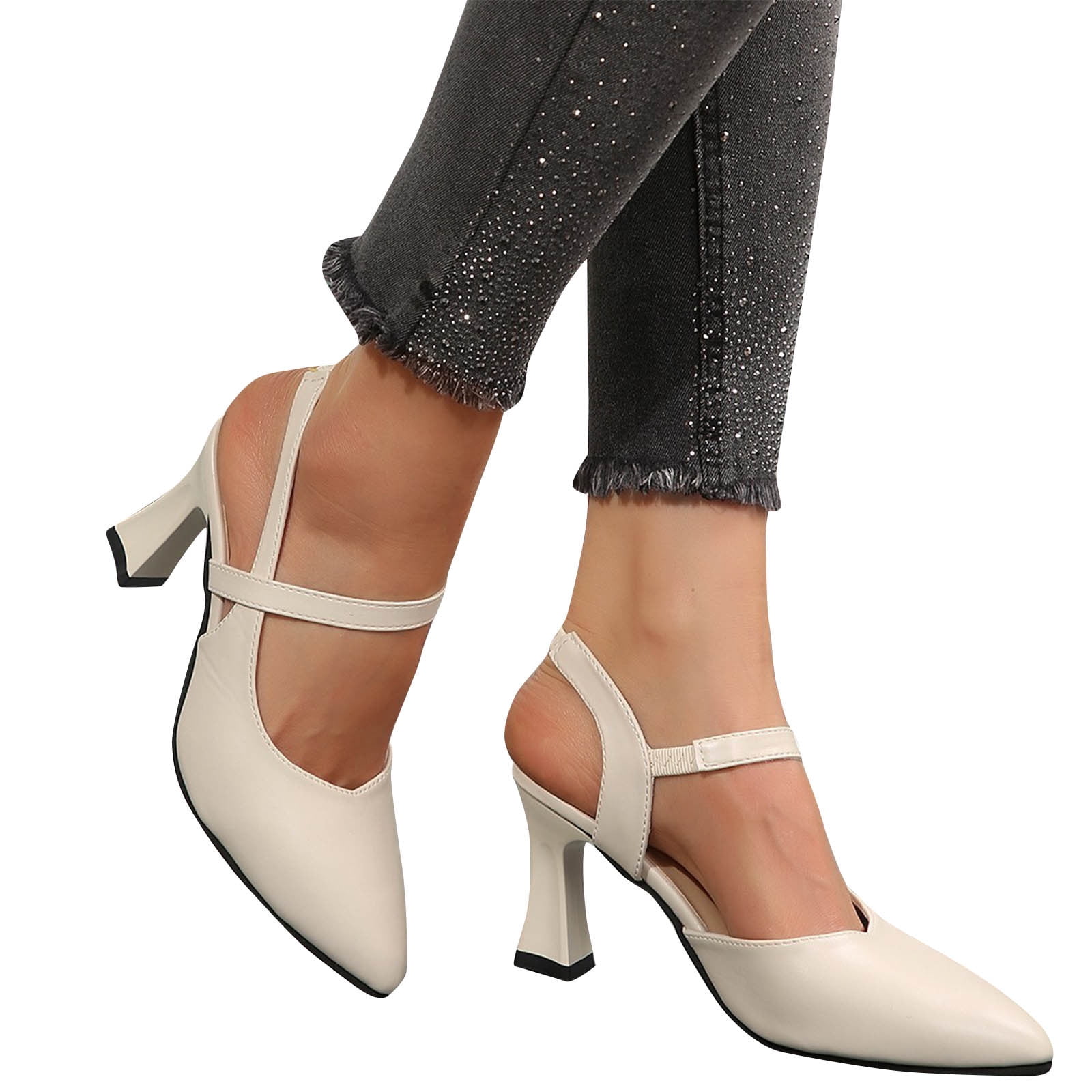 Miluxas Women's Leather Closed Heels Round Toe Slingback Pumps Chunky ...