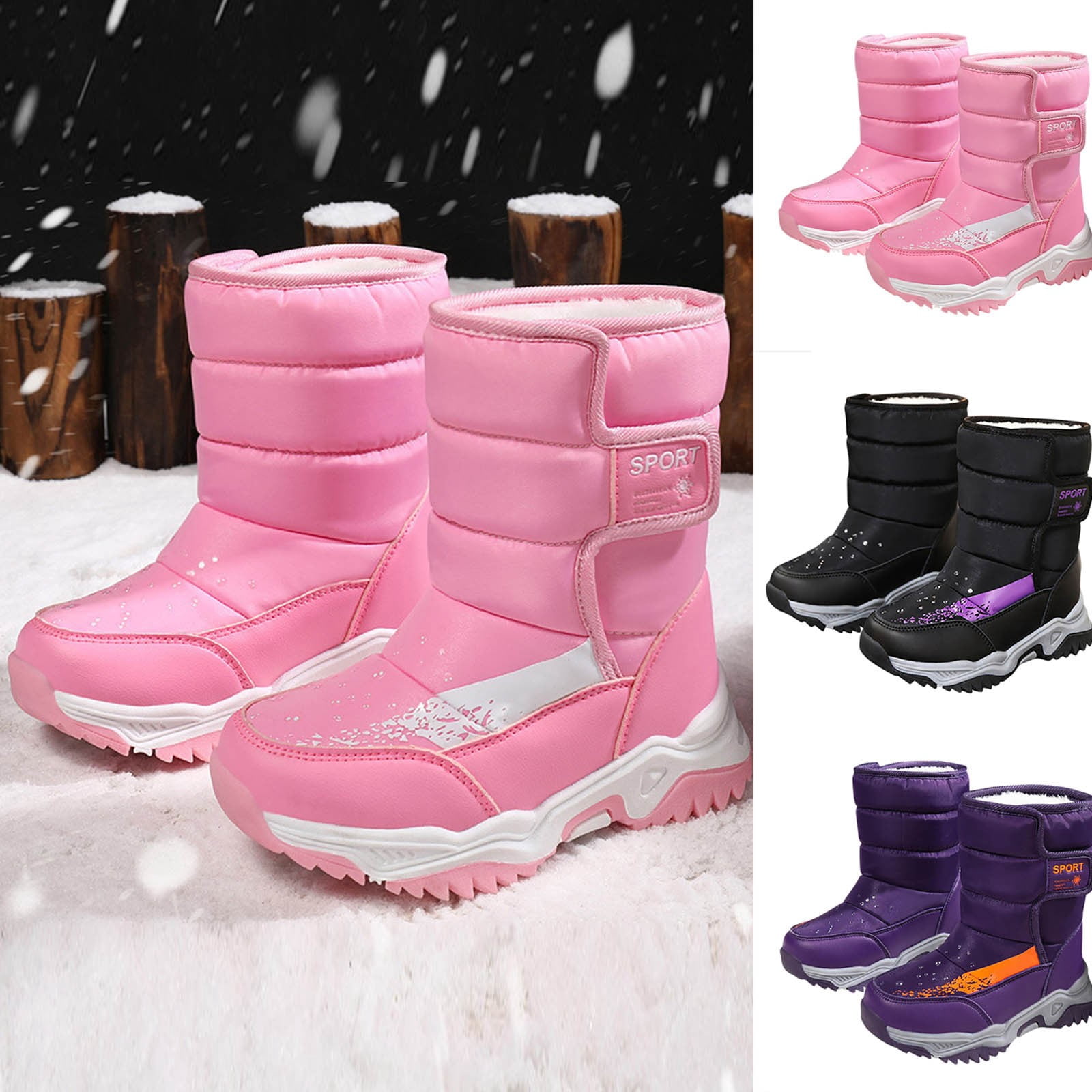 Miluxas Boys Girls Snow Boots Waterproof Hook and Loop Mid Calf Faux ...