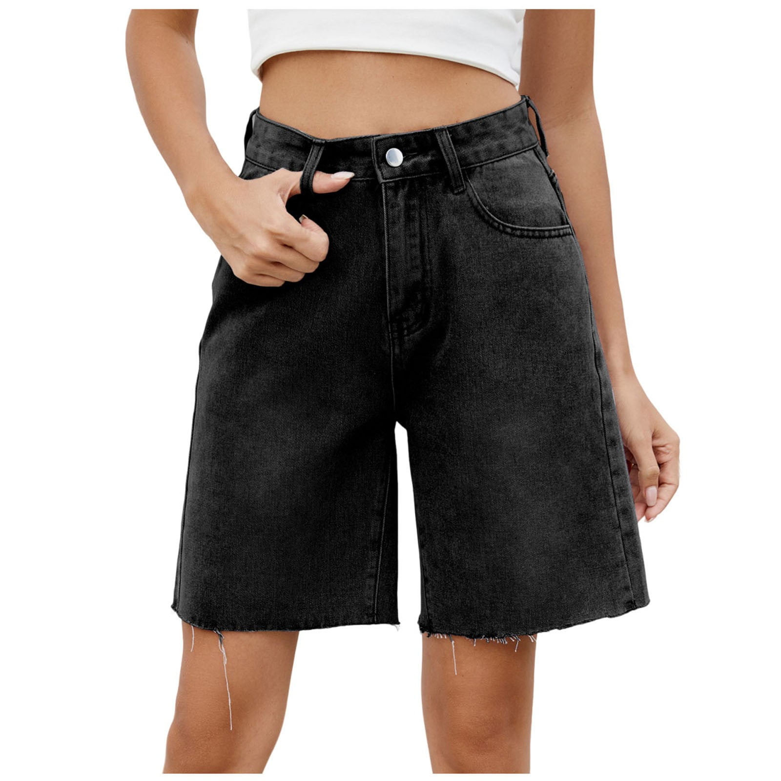 Miluxas Denim Shorts for Women High Waisted Classic Casual Long Jean ...