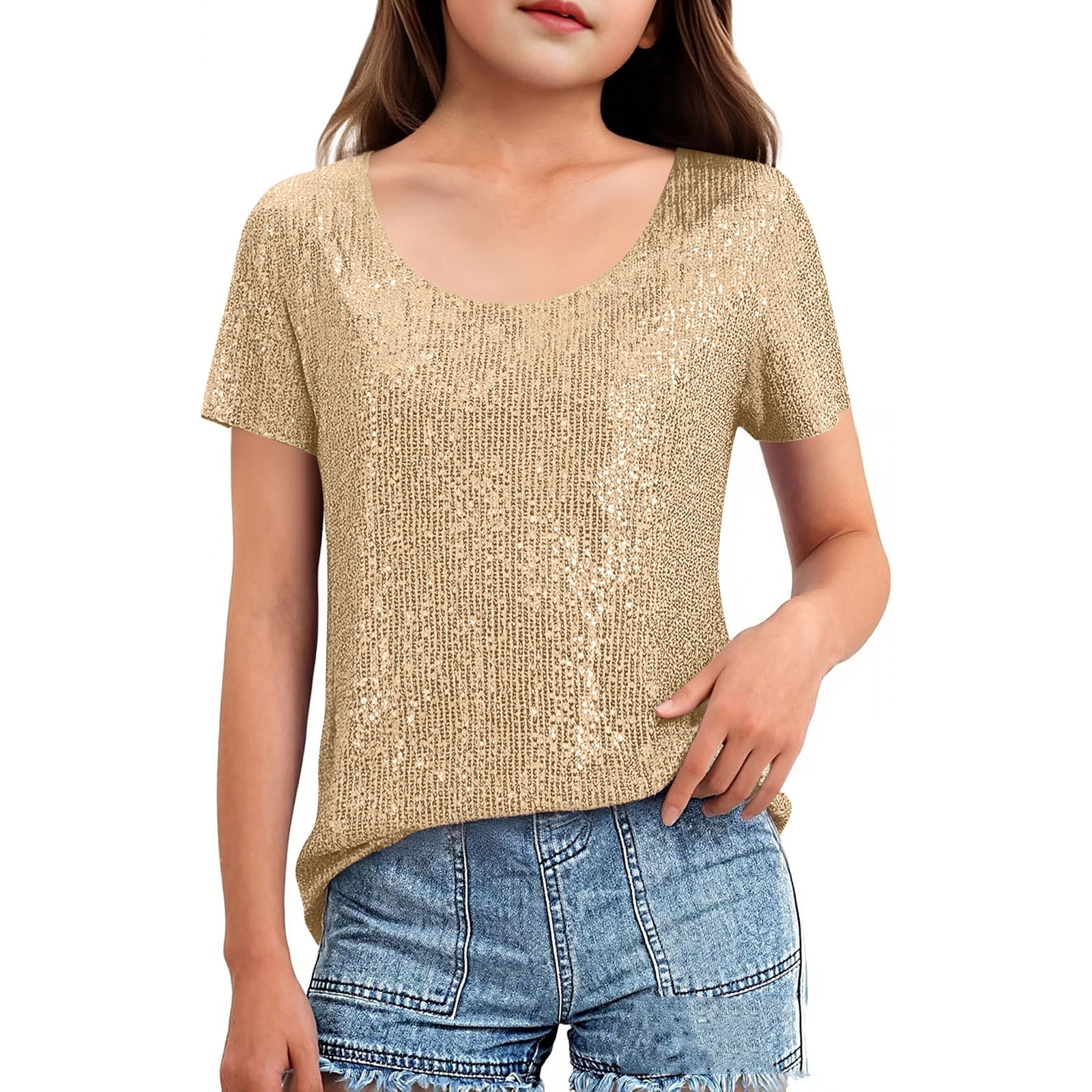 Miluxas Girl's Sequin Tops Round Neck Shirts Sparkle Glitter Shimmer ...